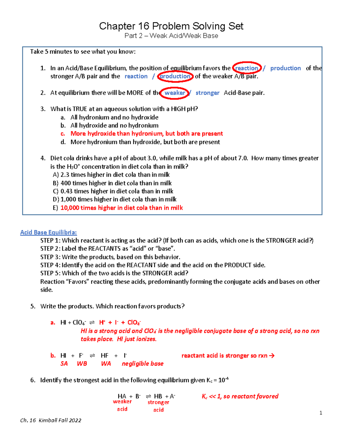 Ch16 Practice Problems Pt2 KEY - 1 Chapter 16 Problem Solving Set Part 2 – Weak Acid/Weak Base ...