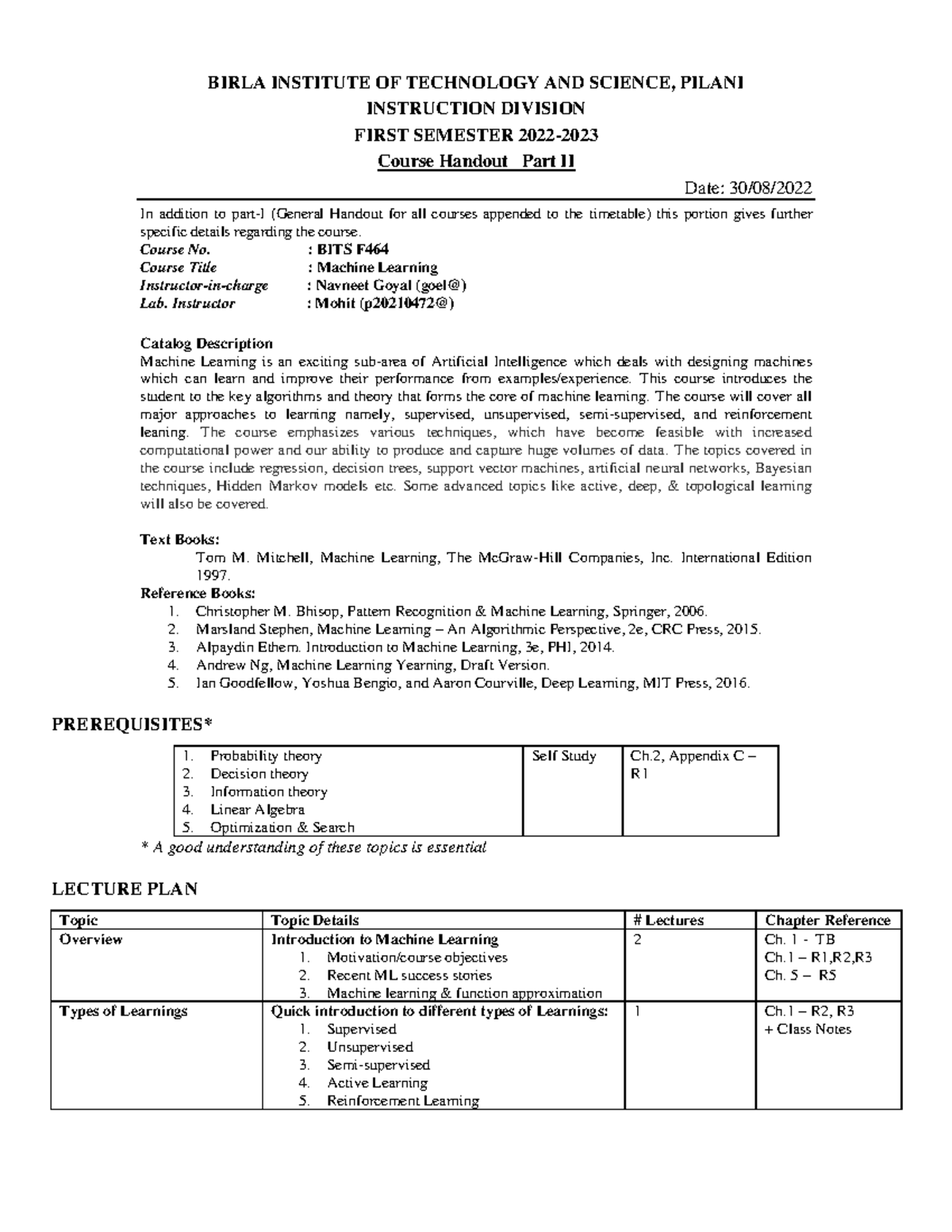 Handout BITS-F464 Machine Learning - August 2022 - BIRLA INSTITUTE OF TECHNOLOGY AND SCIENCE ...