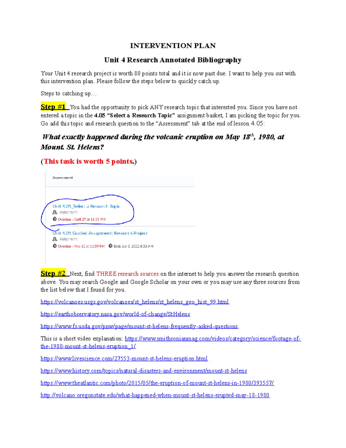 Unit 4 Annotated Bibliography Research Project Intervention Plan Mount St. Helens - INTERVENTION ...