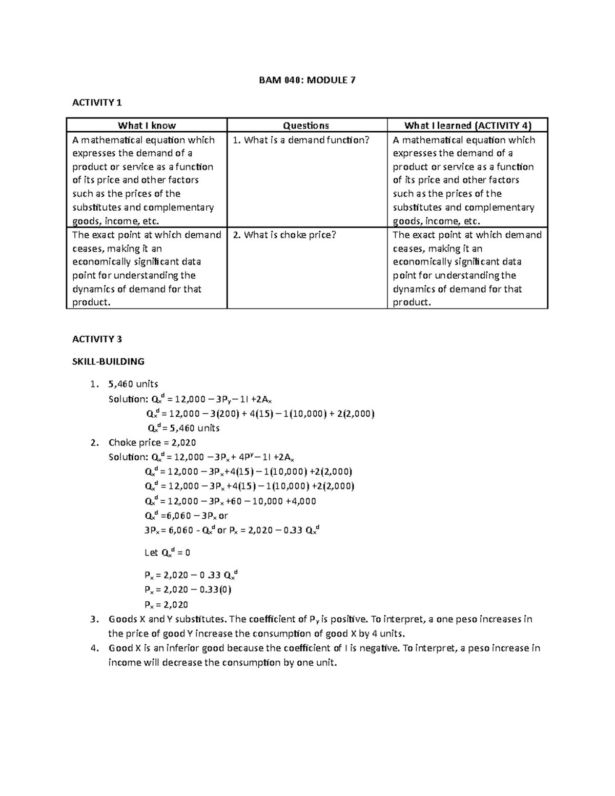 BAM 040 - Module 7 - BAM 040: MODULE 7 ACTIVITY 1 What I know Questions ...