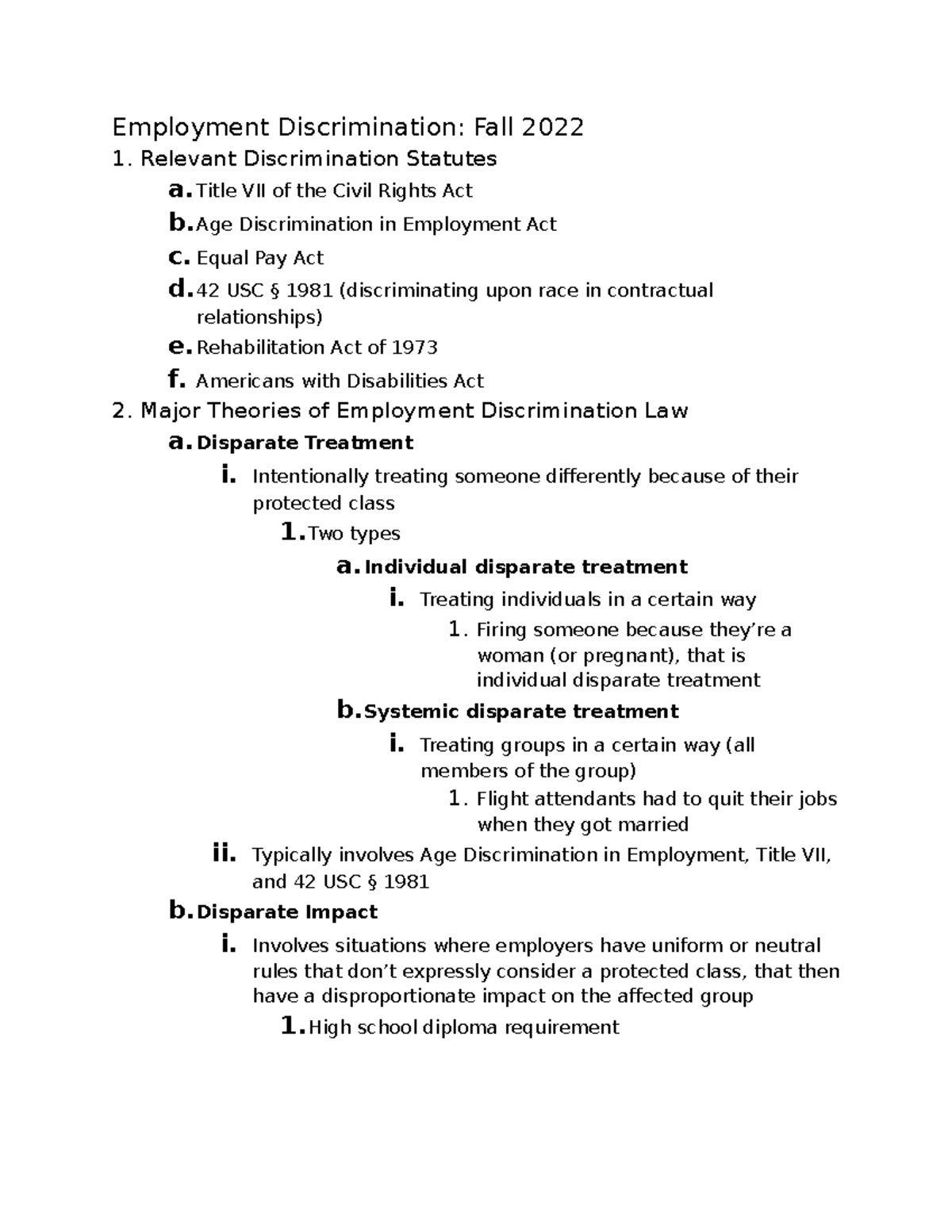 Employment Discrimination notes - Employment Discrimination: Fall 2022 ...