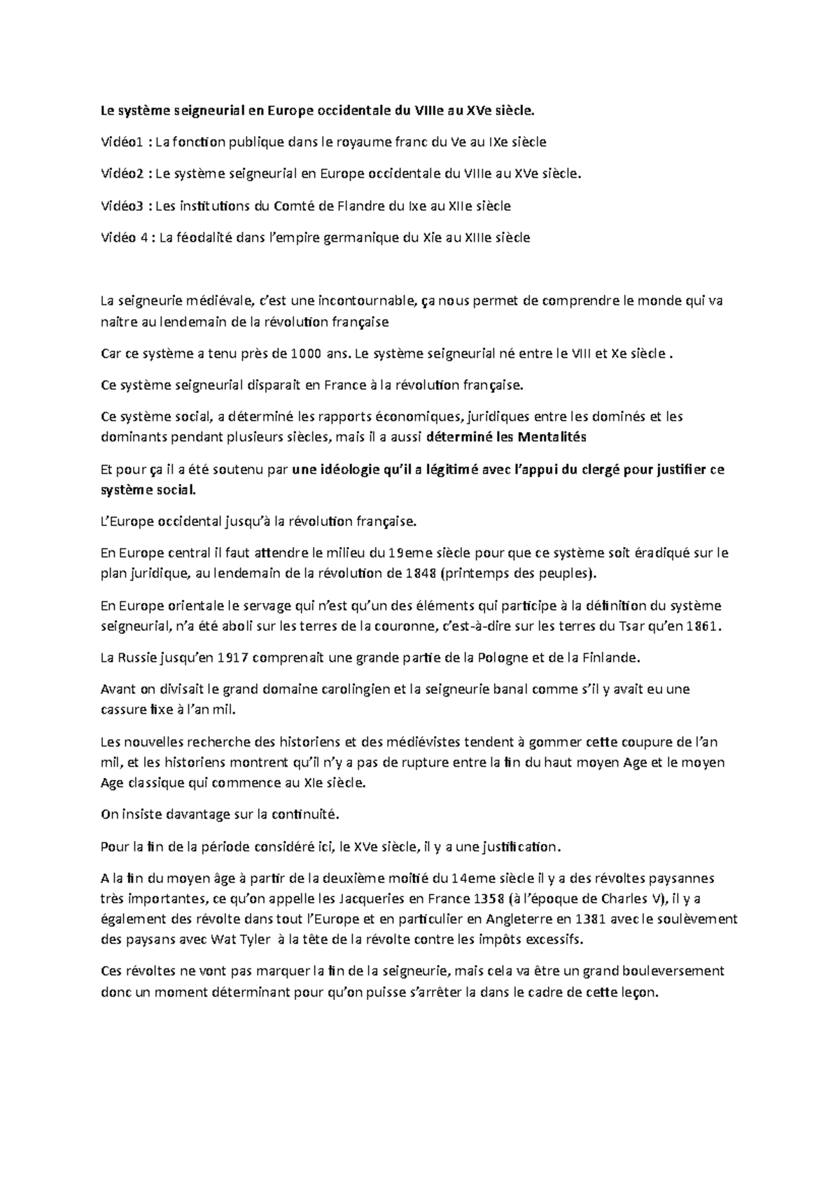 Le système seigneurial en Europe Occidentale du 8eme au 15eme siècle ...