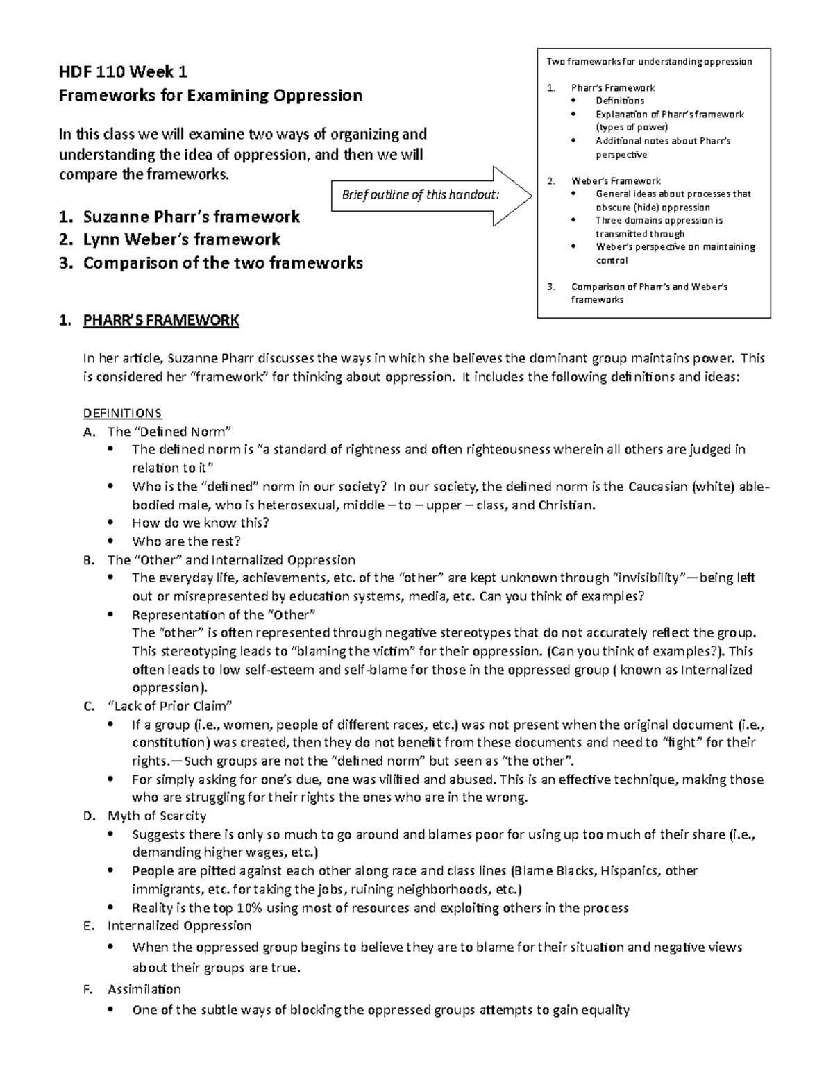 HDF 110 Frameworks-Week 1 Worksheet - Two frameworks for understanding ...