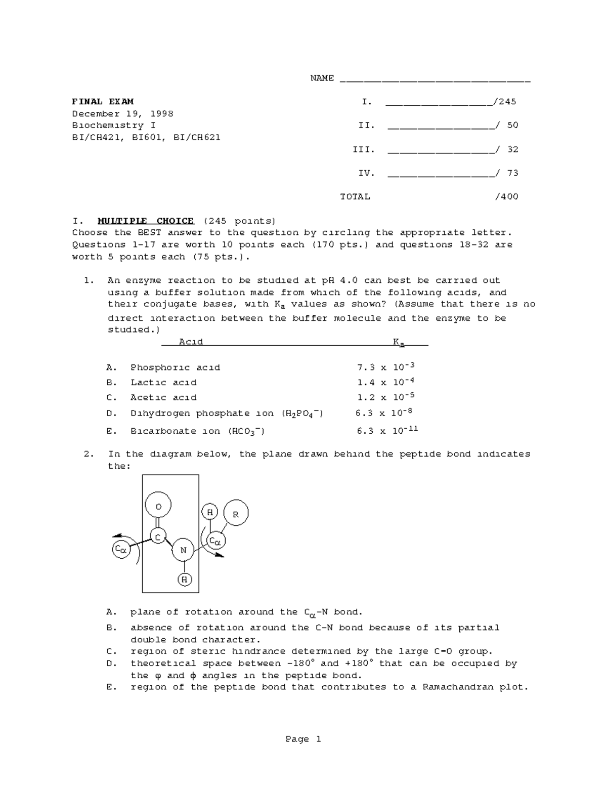 Biochem - FINAL EXAM I. __________________/ December 19, 1998 ...