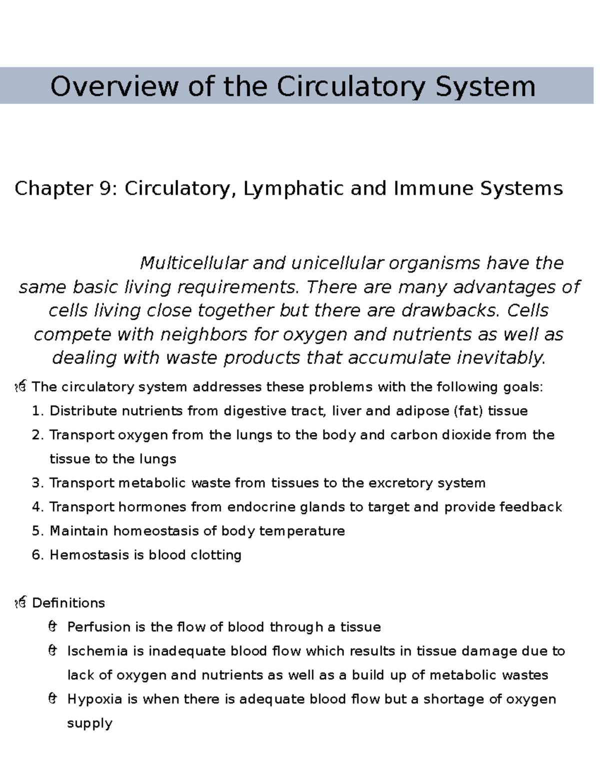 Circulatory System Components - Chapter 9: Circulatory, Lymphatic and ...