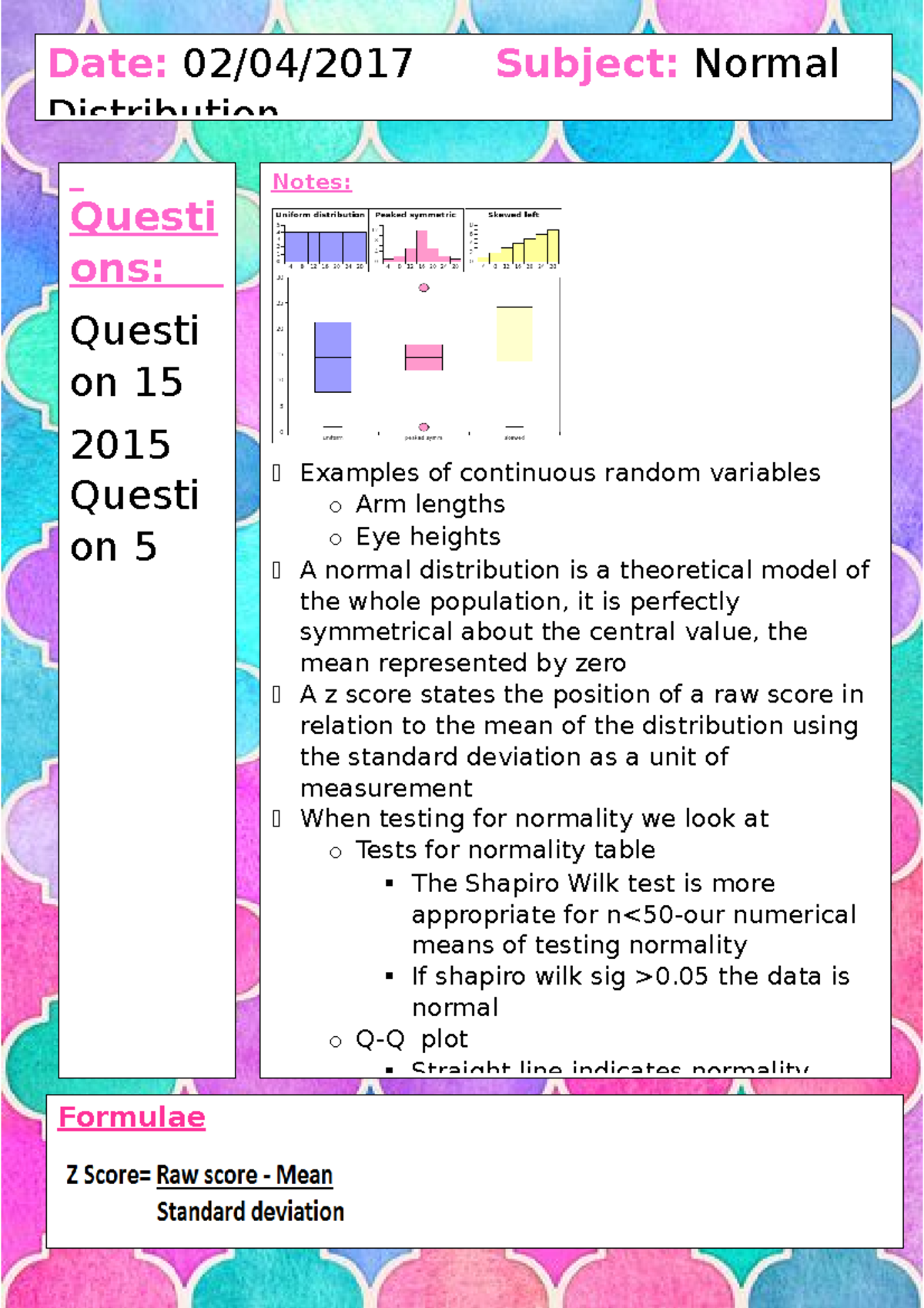 Normal distribution revision sheet - Date: Distribution Questi ons ...