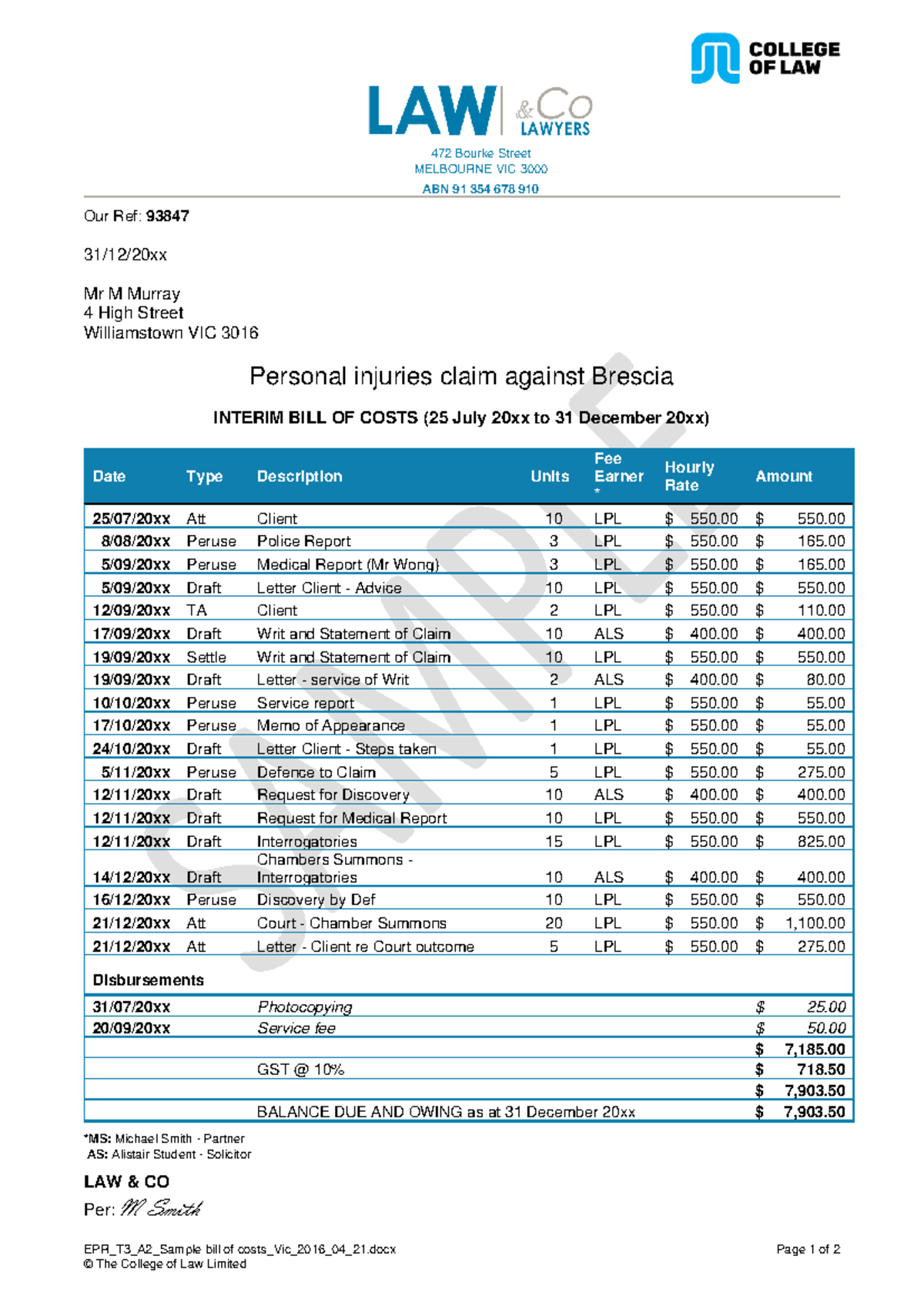 EPR T3 A2 Sample bill of costs Vic 2016 04 21 - EPR_T3_A2_Sample bill ...
