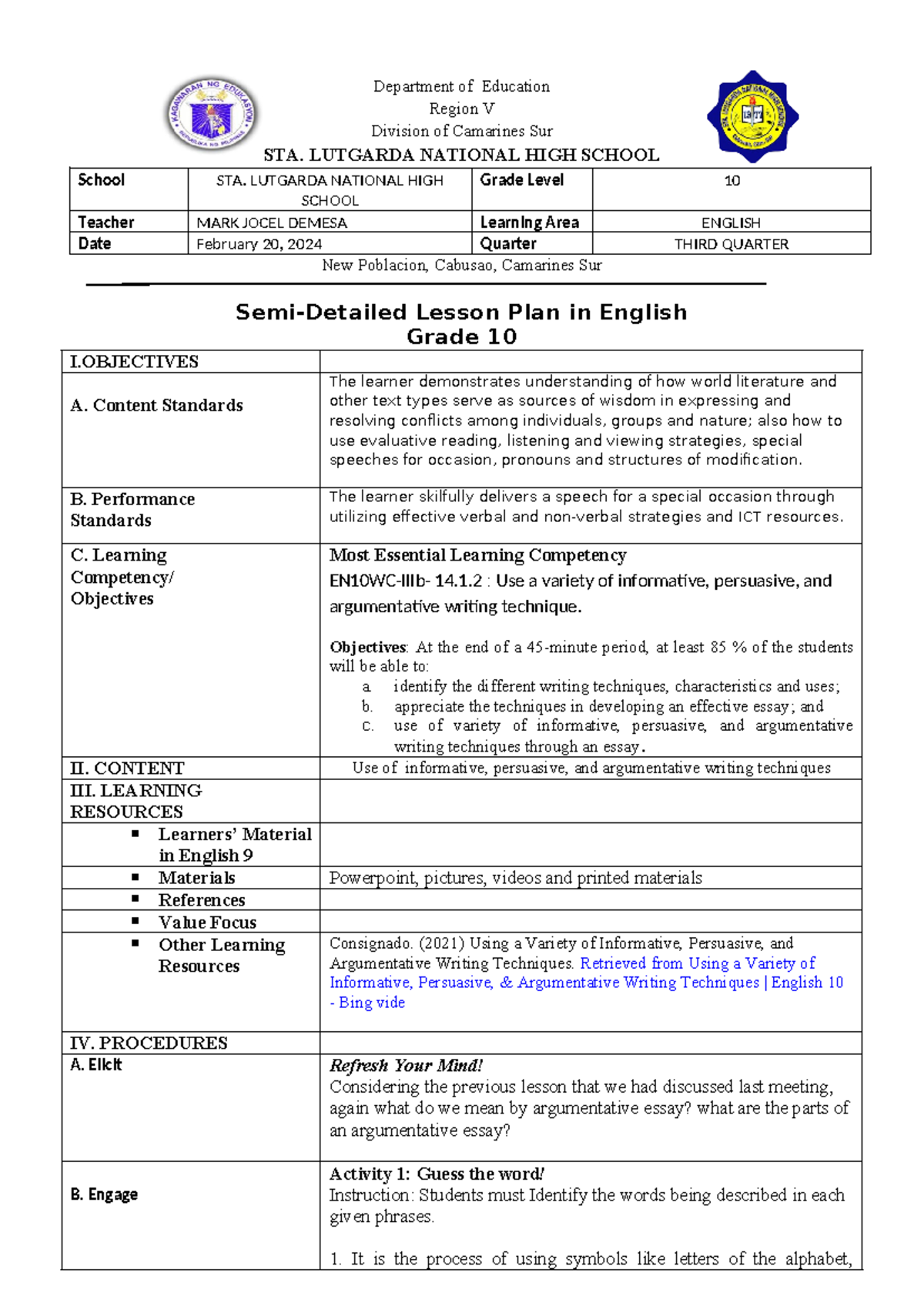 DLP Number 2 Informative Persuasive Argumentative Essay - Department of ...