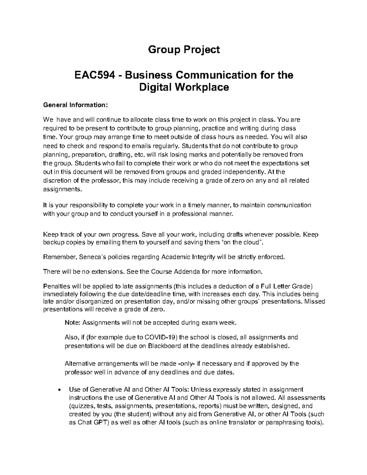 Project Guide-Instructions EAC594 Updated - Group Project EAC594 - Business Communication for ...