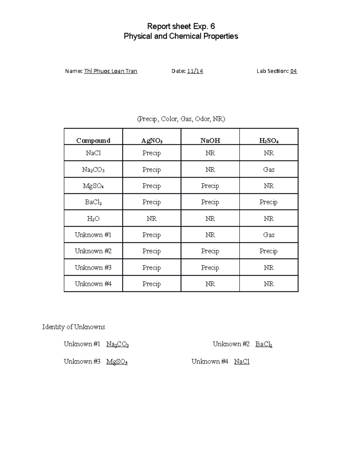 Physical and Chemical postlab - Report sheet Exp. 6 Physical and ...