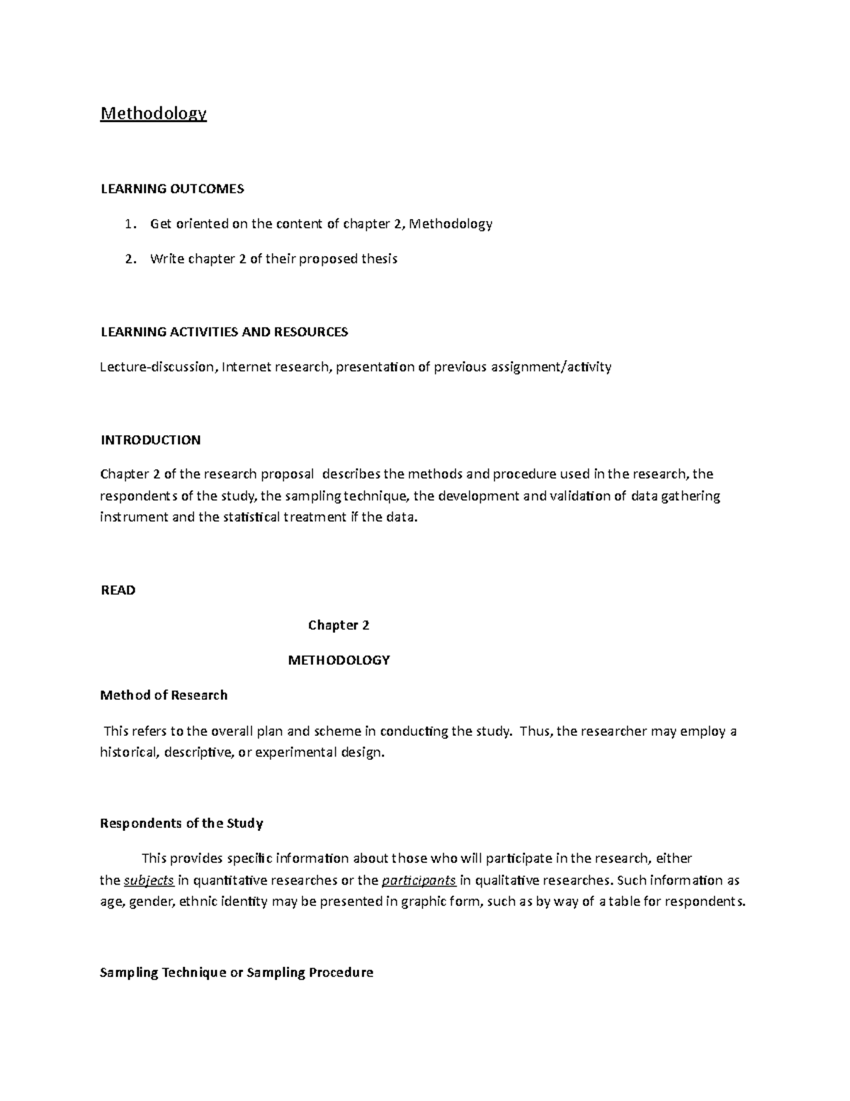 Methodology - Methodology LEARNING OUTCOMES Get oriented on the content ...