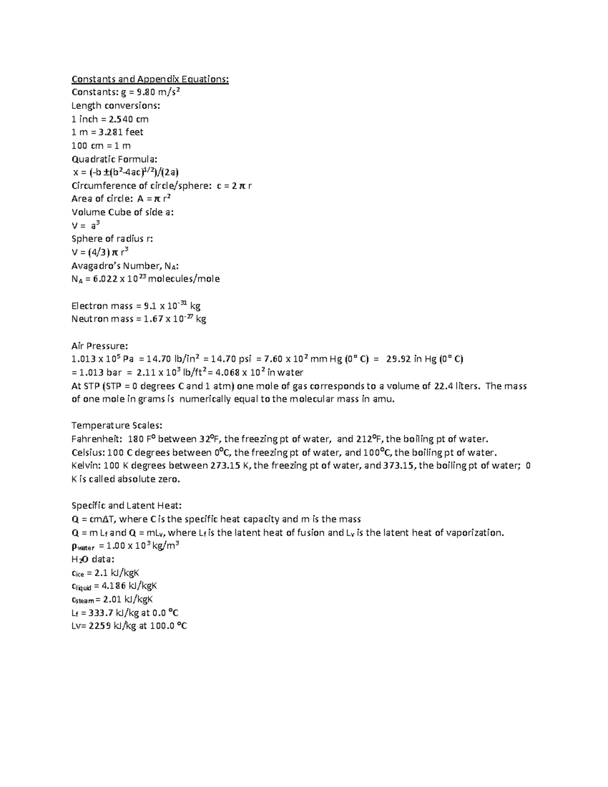 Equation Sheet Final Exam - Constants and Appendix Equations: Constants ...