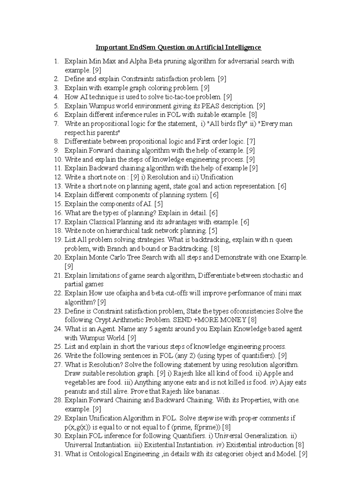 Important End Sem Question on Artificial Intelligence - Important EndSem Question on Artificial ...