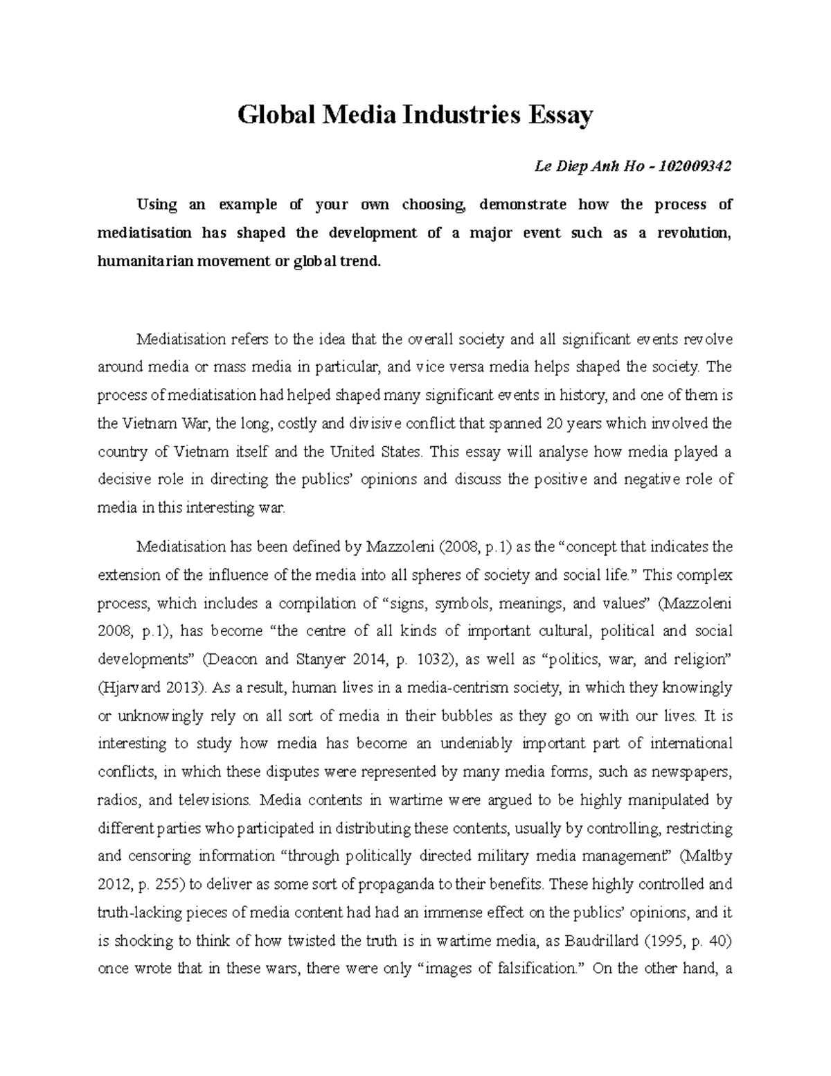 Mediatisation Essay - The Vietnam War - Global Media Industries Essay ...