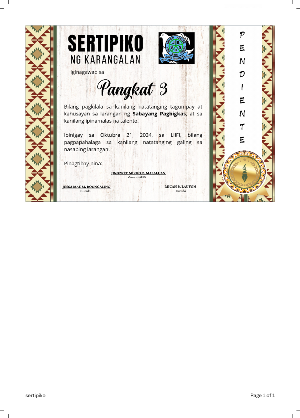 Sertipiko - It was a template for certificate - BSED major in Science ...