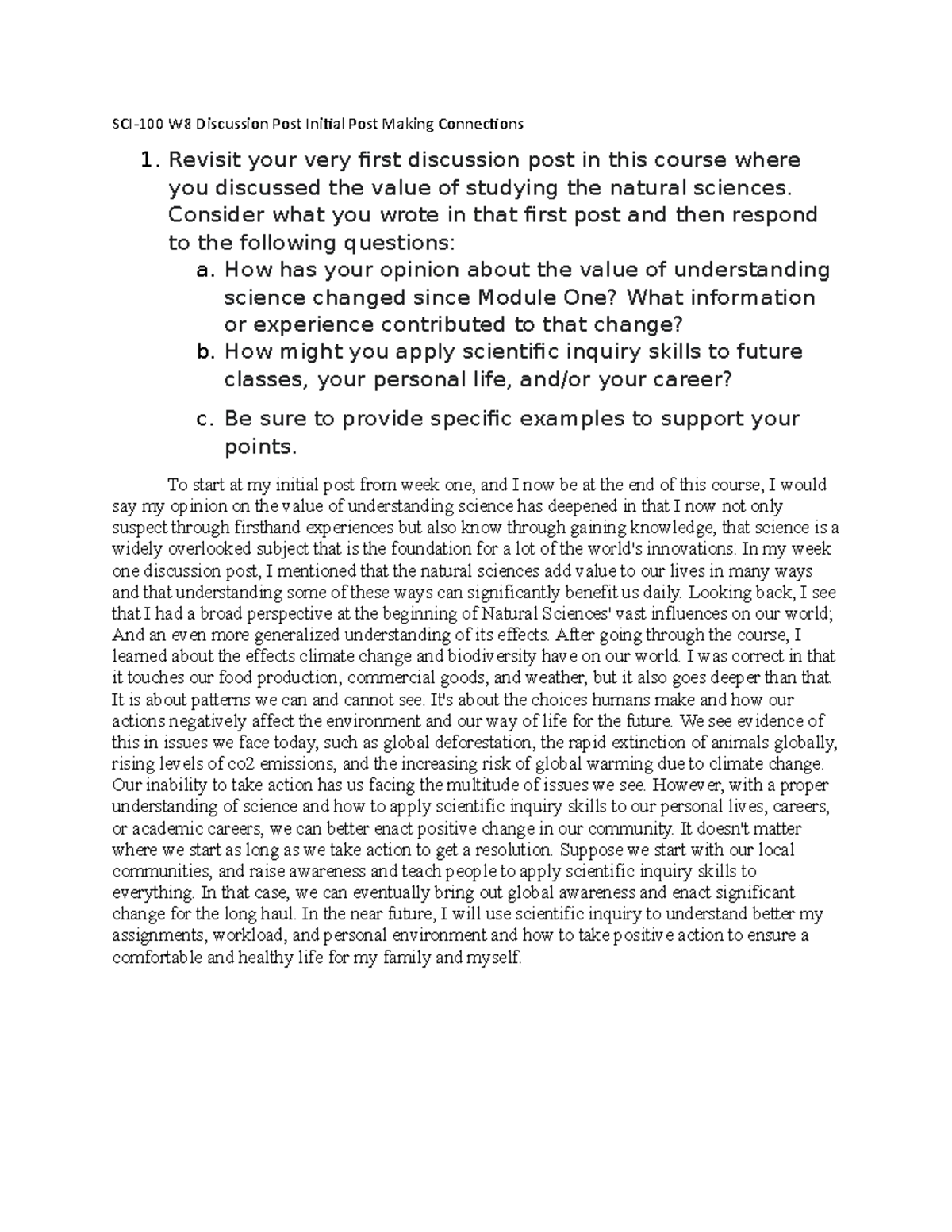SCI-100 W8 Discussion Post Initial Post Making Connections - Revisit ...