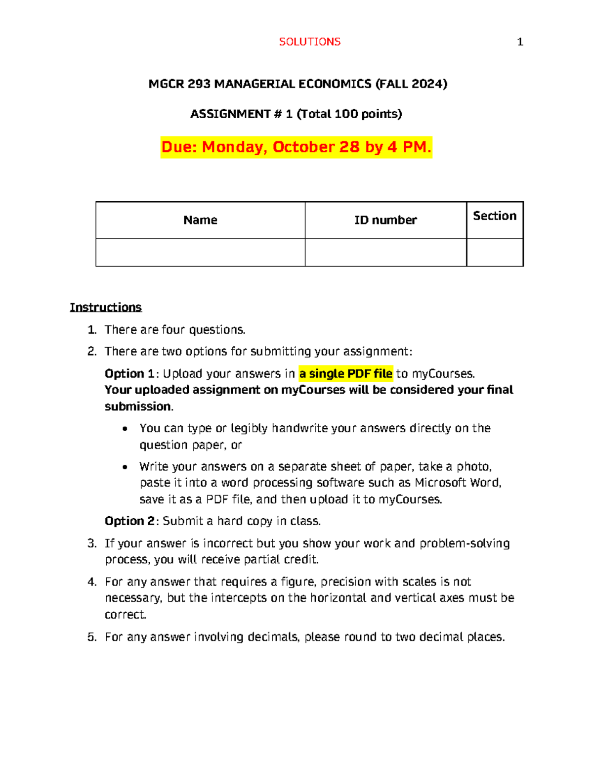 F2024MGCR293 Assignment 1 Sol - MGCR 293 MANAGERIAL ECONOMICS (FALL 2024 ) ASSIGNMENT # 1 (Total ...