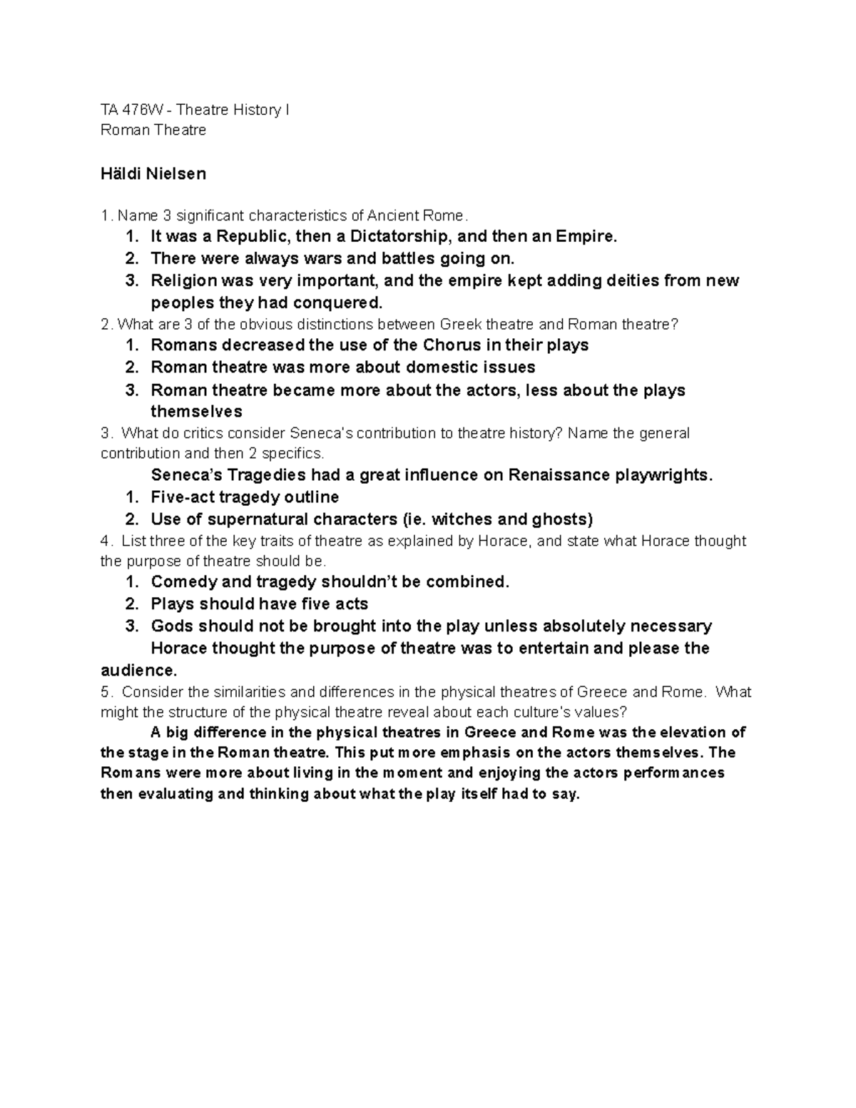 Roman Theatre Worksheet - TA 476W - Theatre History I Roman Theatre ...