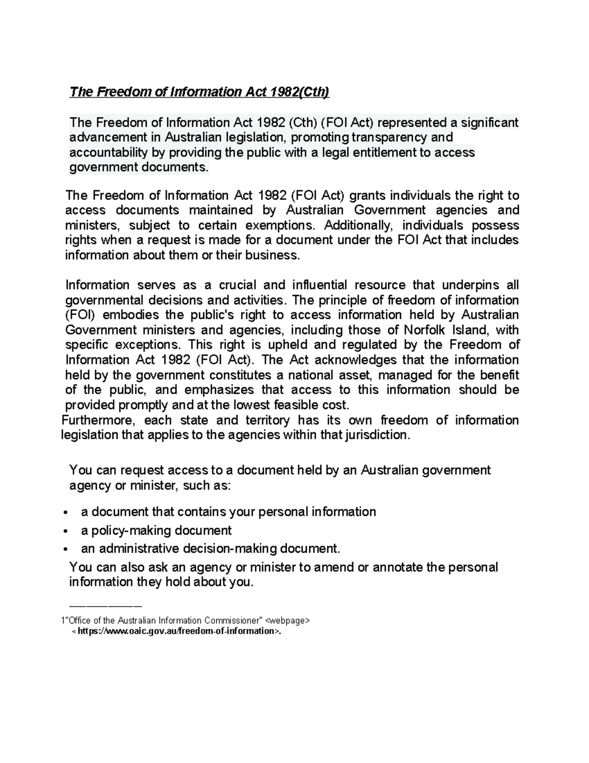 The Federal Freedom IPS - The Freedom of Information Act 1982(Cth) The ...