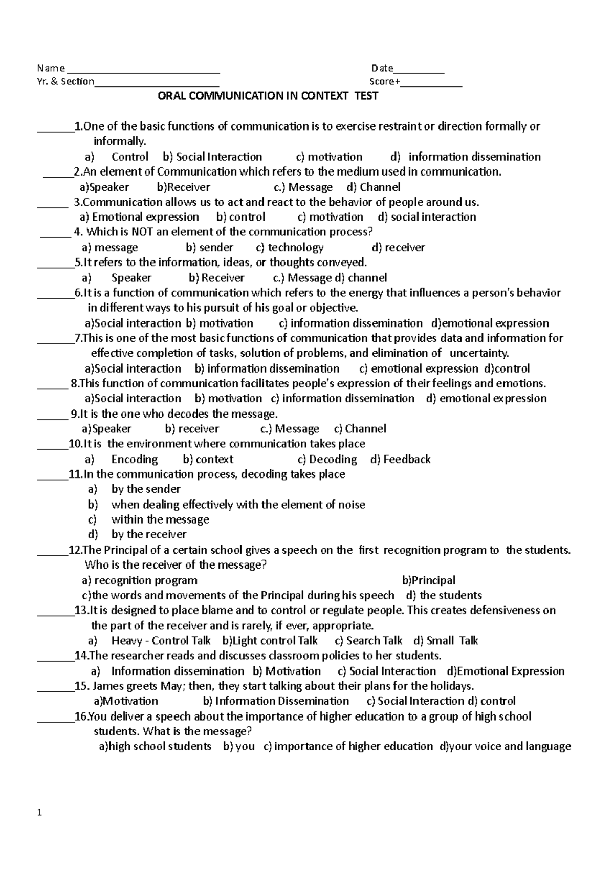 Oral comm. reviewer - test - Name ___________________________ Date ...