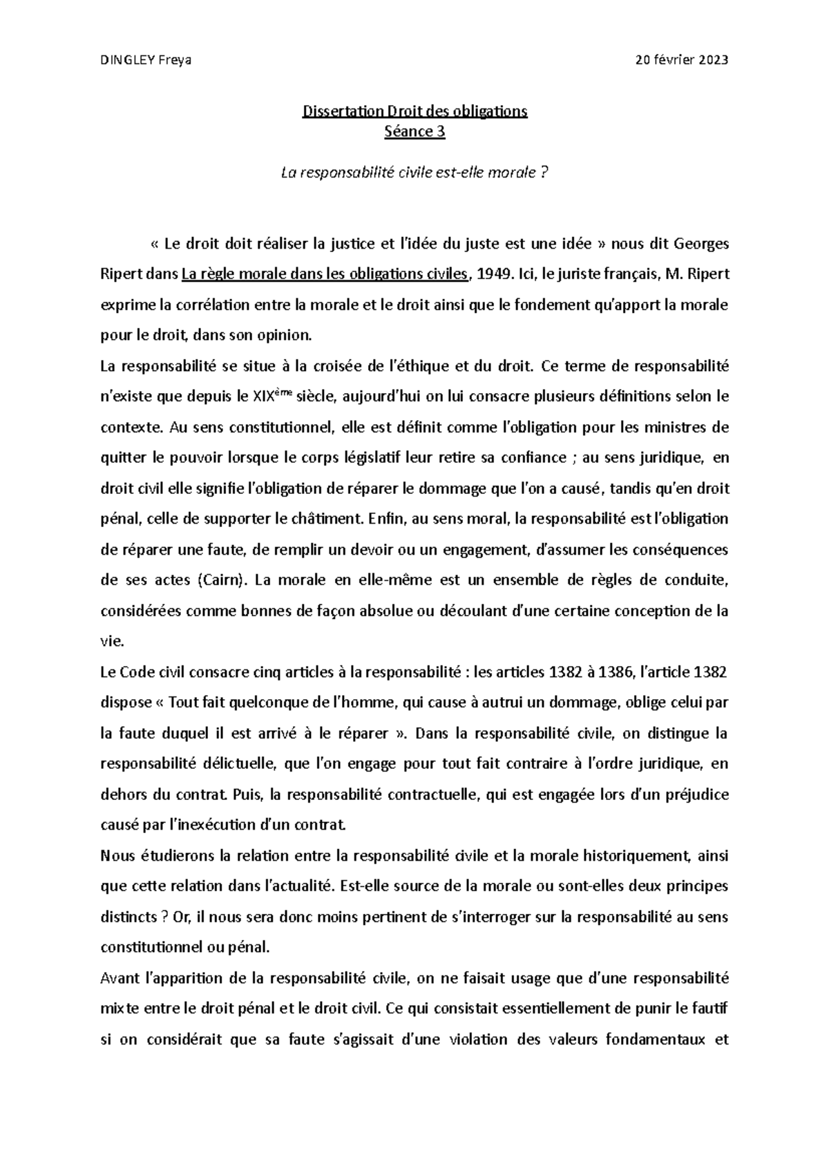 Dissertation droit civil - Dissertation Droit des obligations Séance 3 ...