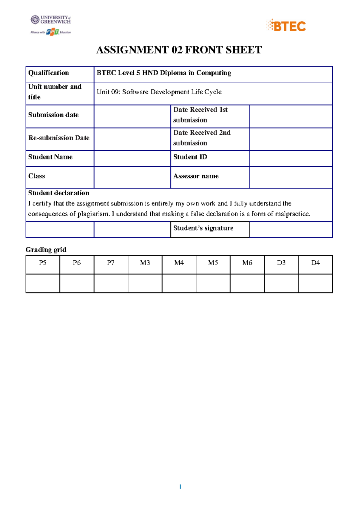 1631 Assignment 1 Assignment 02 Front Sheet Qualification Btec Level 5 Hnd Diploma In