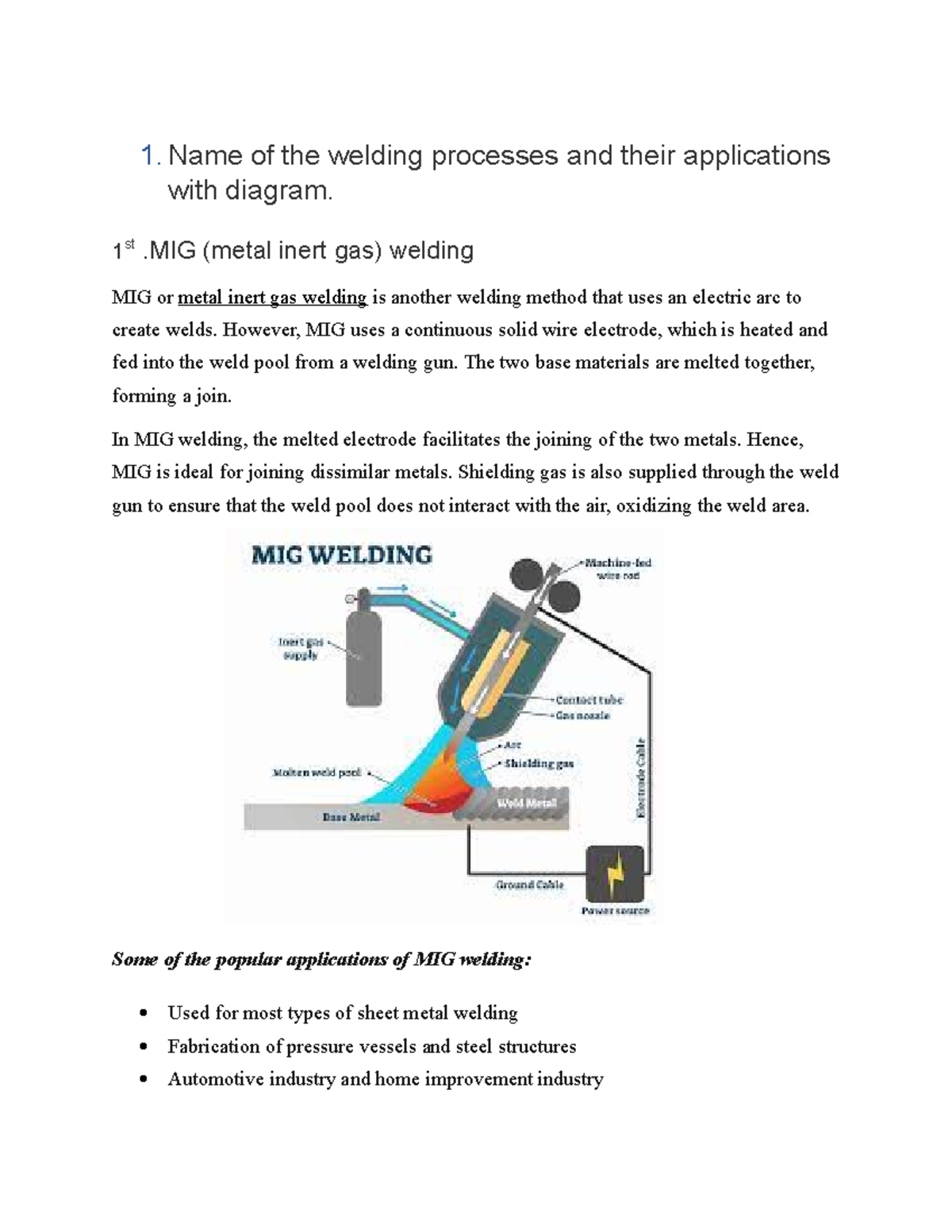 Name of the welding processes and their applications - 1 st .MIG (metal ...