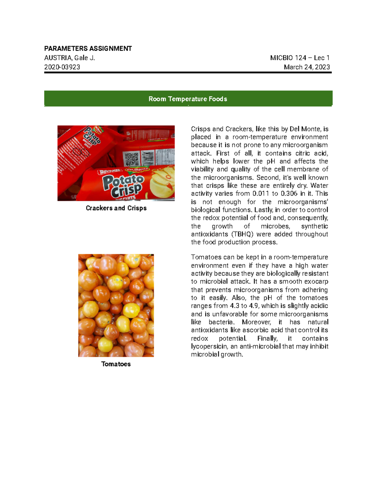 Food Parameters - PARAMETERS ASSIGNMENT AUSTRIA, Gale J. MICBIO 124 ...