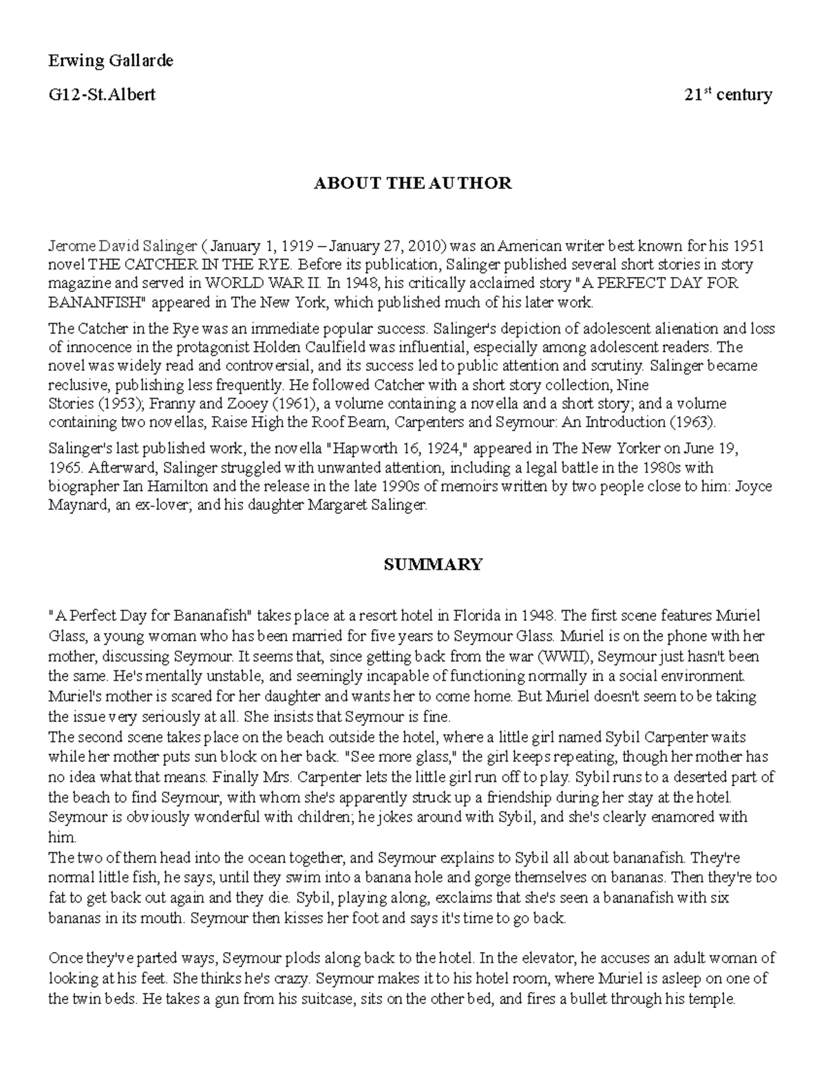 A Perfect Day for Bananafish By Jerome David Salinger - Erwing Gallarde ...