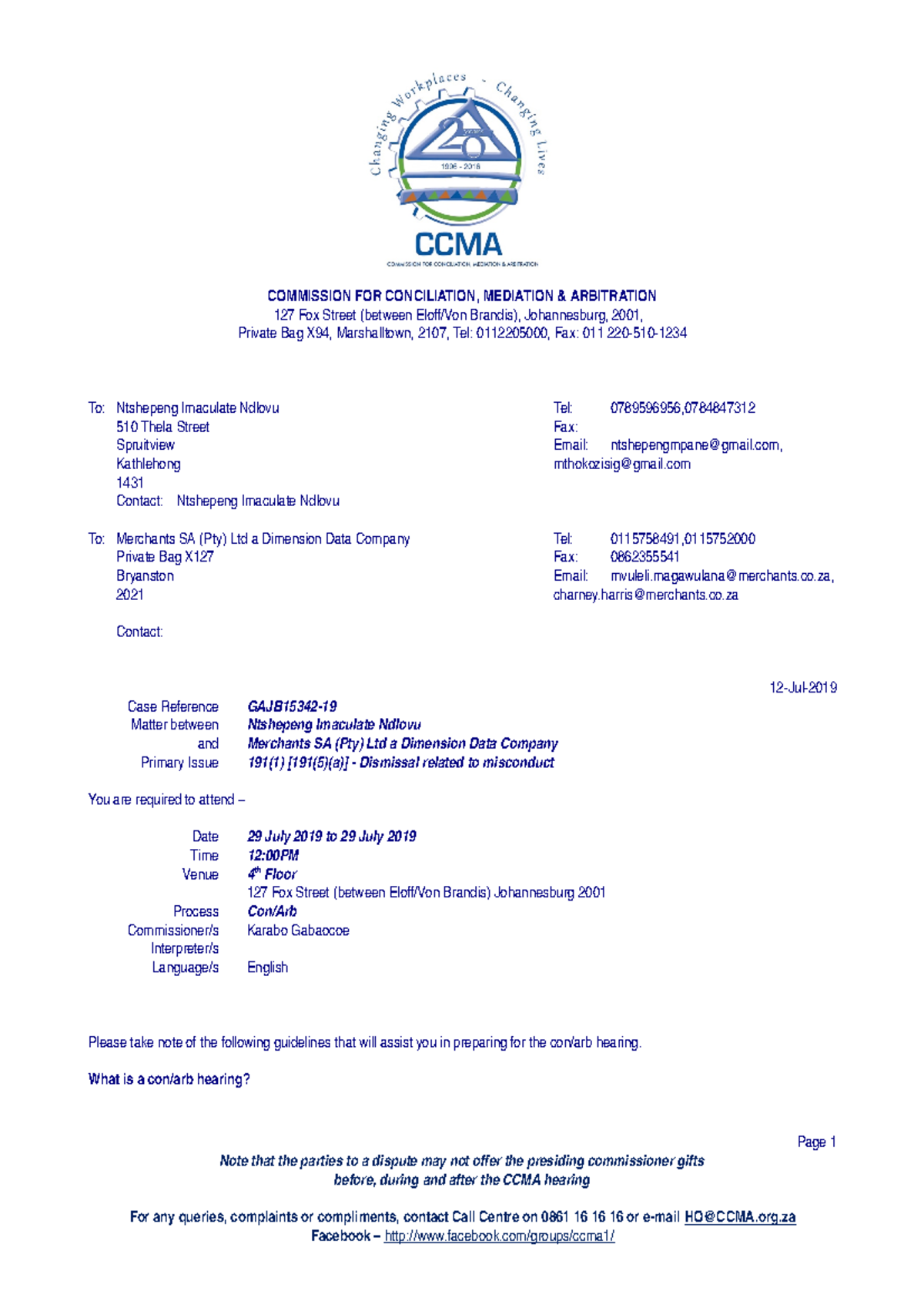 GAJB15342-19 2 Set Down Par Con Arb - COMMISSION FOR CONCILIATION ...