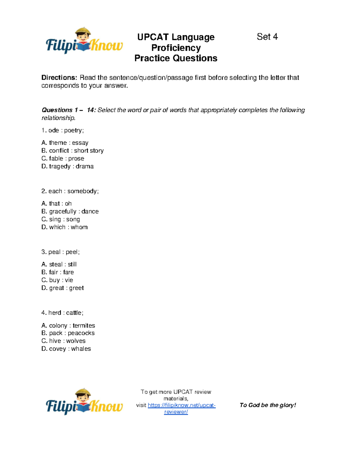 Upcat Language Proficiency Practice Questions Set 4 - UPCAT Language ...
