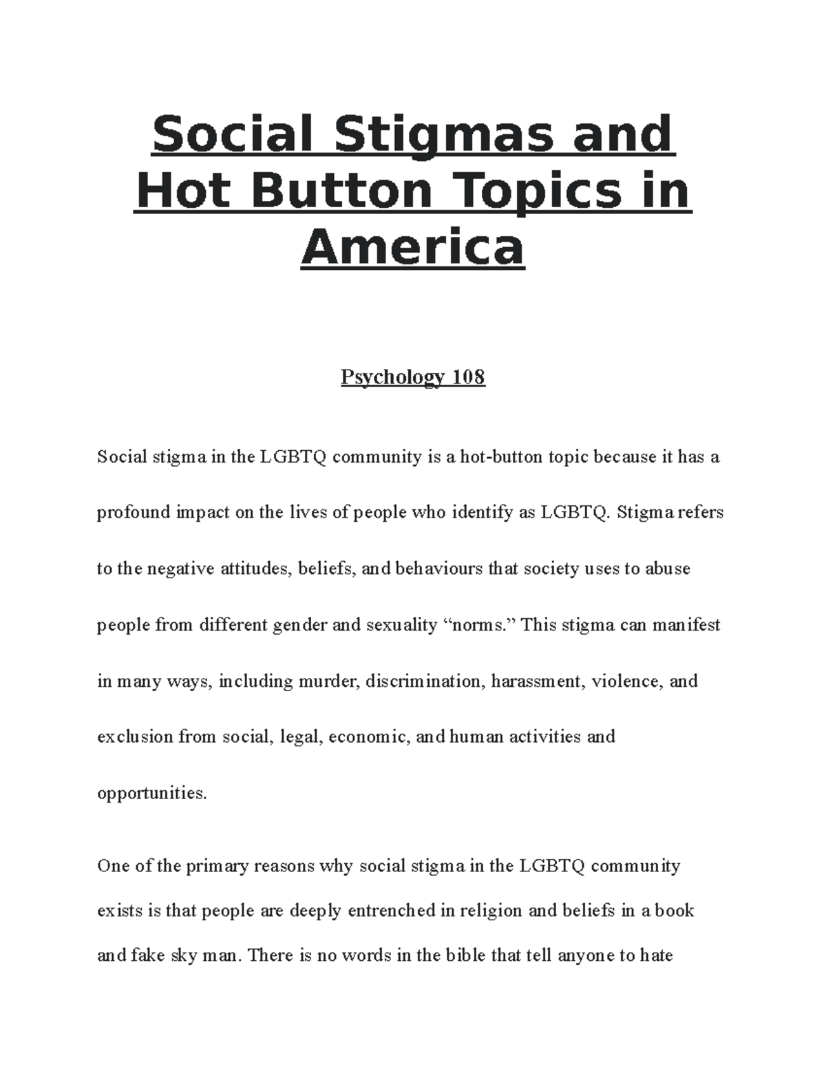 Social Stigmas and Hot Button Topics in America - Social Stigmas and Hot Button Topics in ...