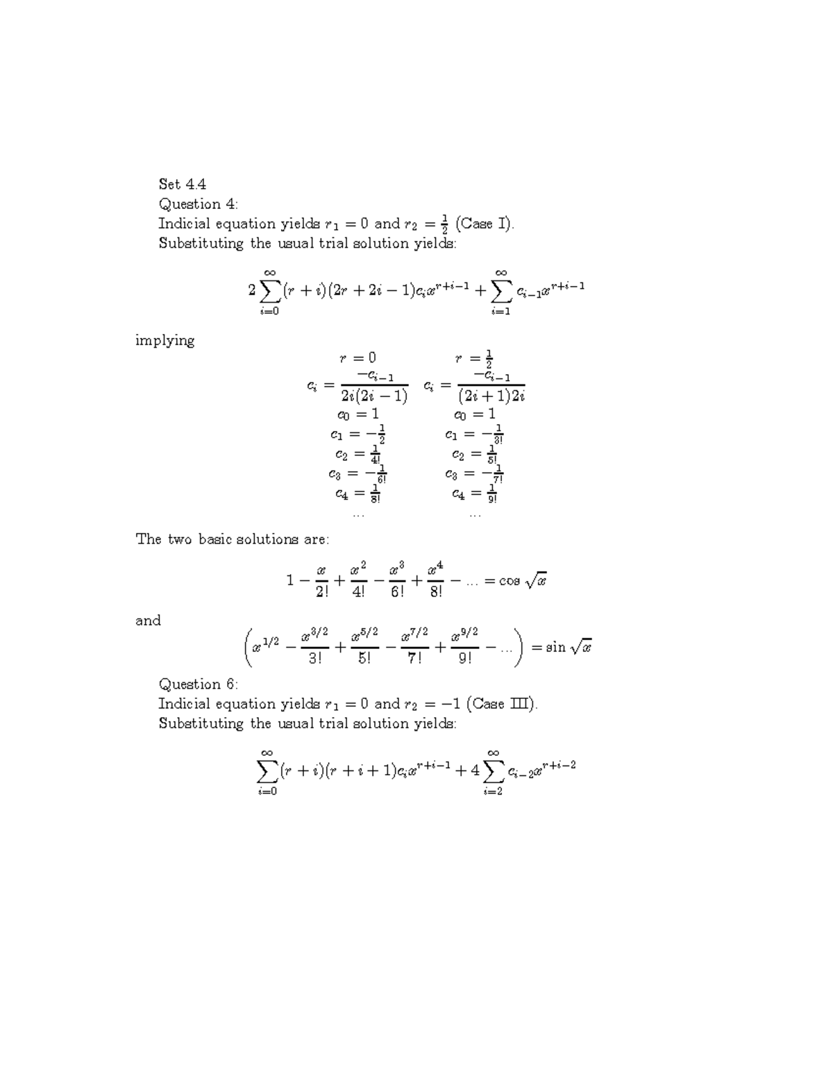 Sample/practice exam, answers 12 - Set 4. Question 4: Indicial equation ...