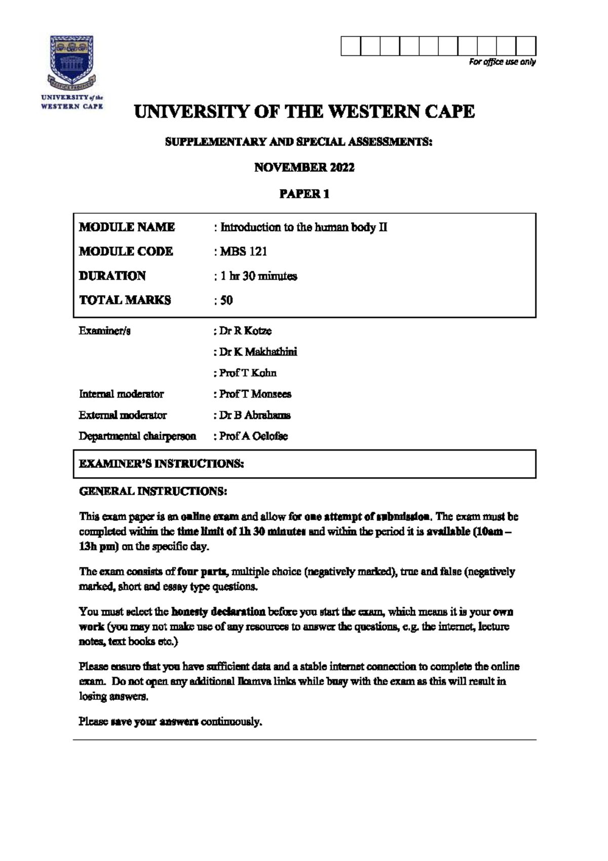 MBS 121 2022 11 SU SP P1 - Practice questions for introduction to the ...