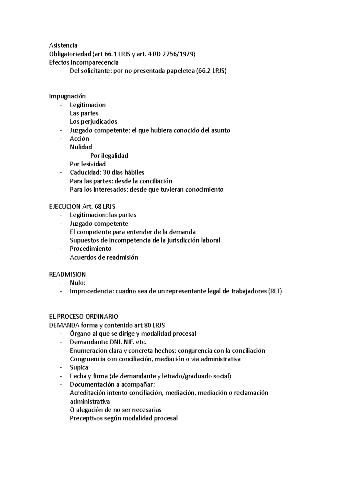 DRET Processal - apunts dret procesal relacions laborals UB - Asistencia Obligatoriedad (art 66 ...