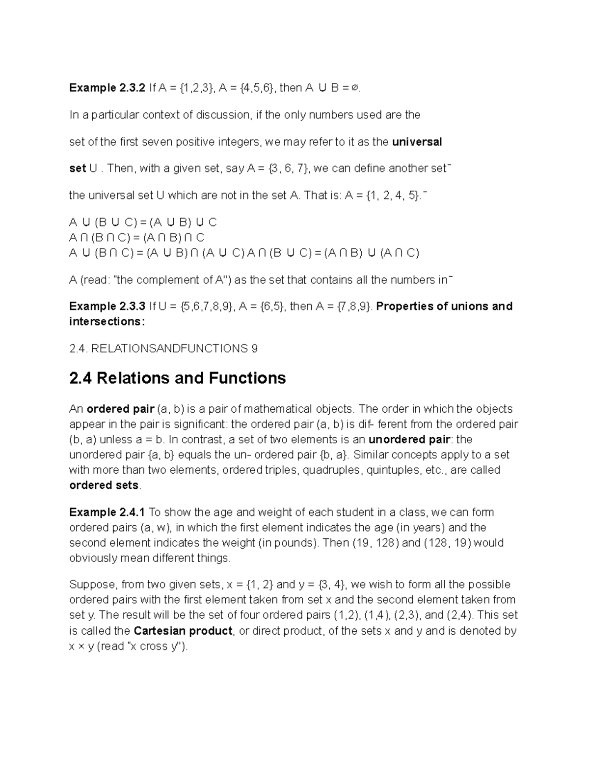 Eco notes 2 - Example 2.3 If A = {1,2,3}, A = {4,5,6}, then A ∪ B = ∅ ...