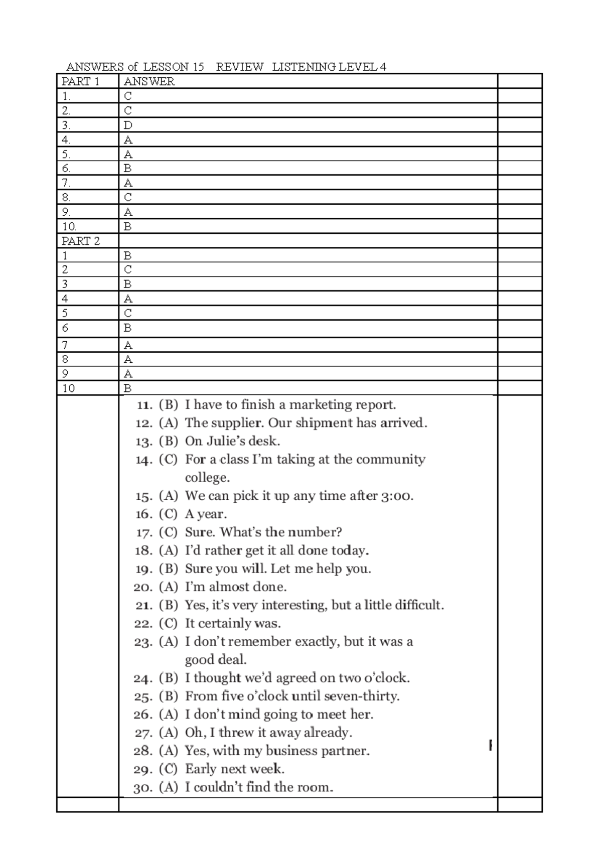 Answers of Lesson 15 Review - listening level 4 - ANSWERS of LESSON 15 ...