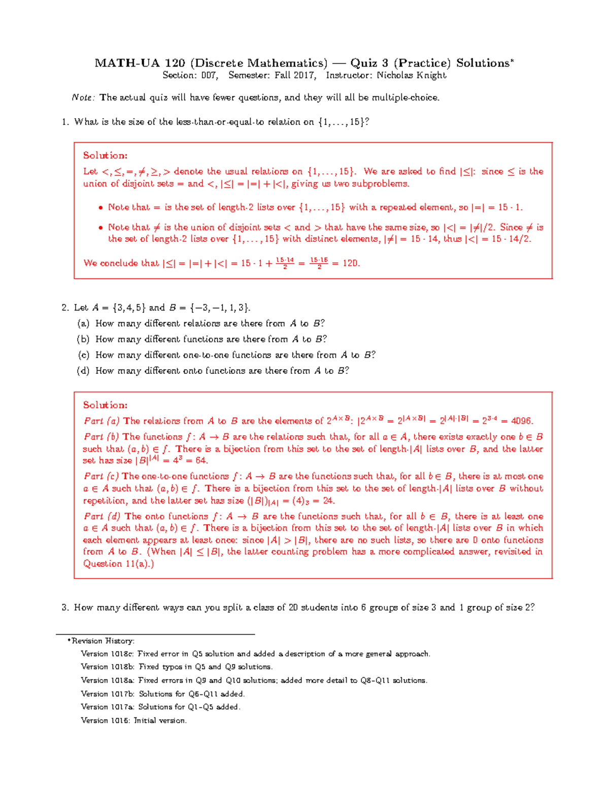 Practice Quiz 3 Solutions - MATH-UA 120 (Discrete Mathematics) — Quiz 3 ...