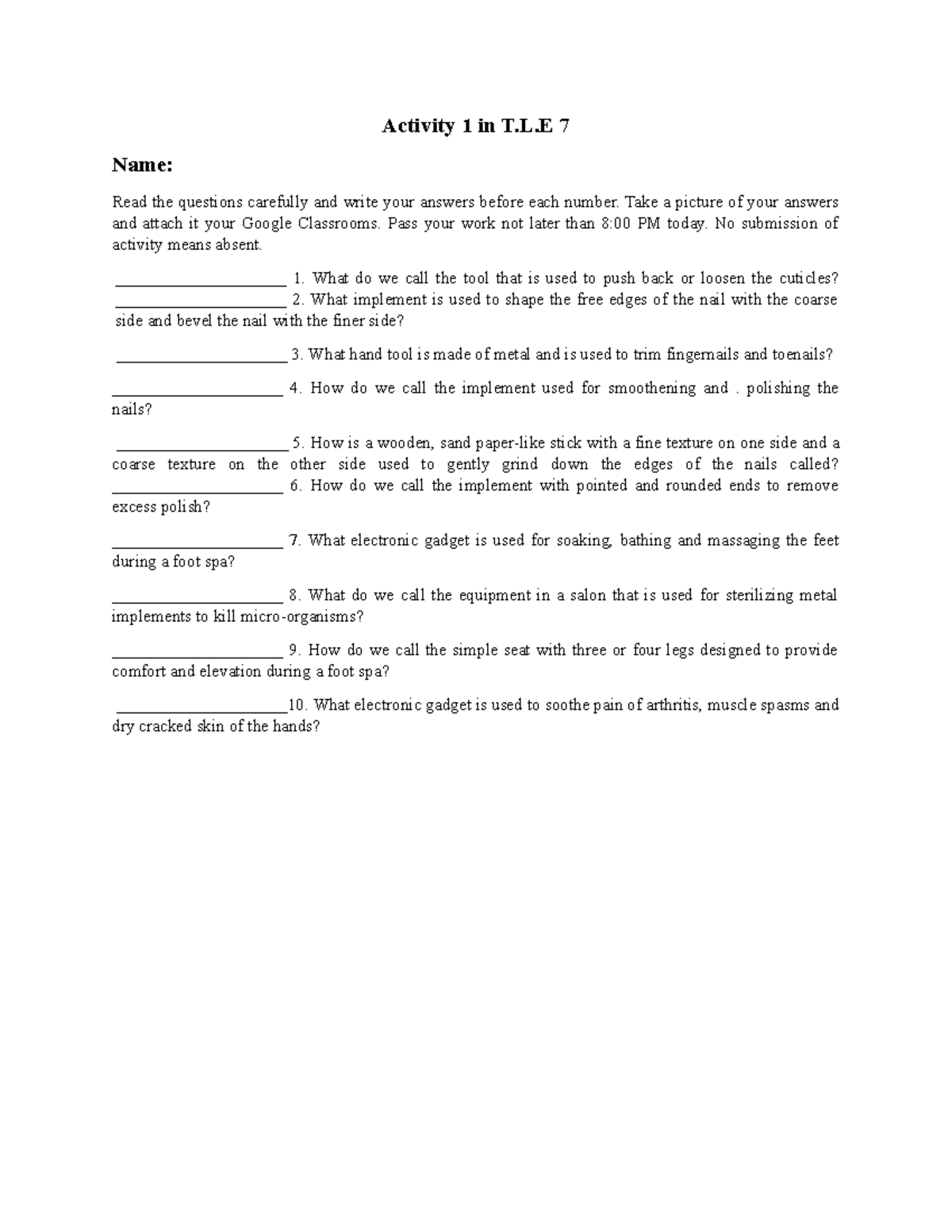 Activity 1 in TLE 7 - ASSIGNMENT - Activity 1 in T.L 7 Name: Read the ...