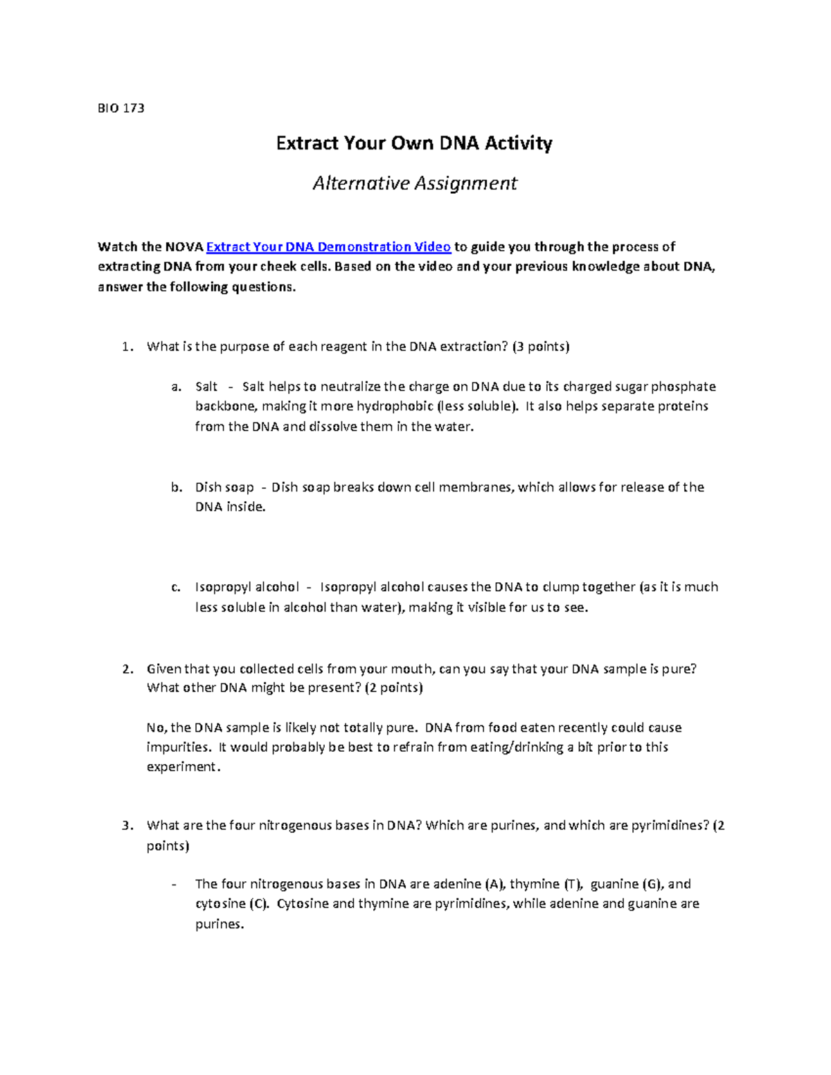 Bio 173 DNA Extraction Alternate Assignment - BIO Etract Your Own DNA Activit Aleaie Aigme Watch ...