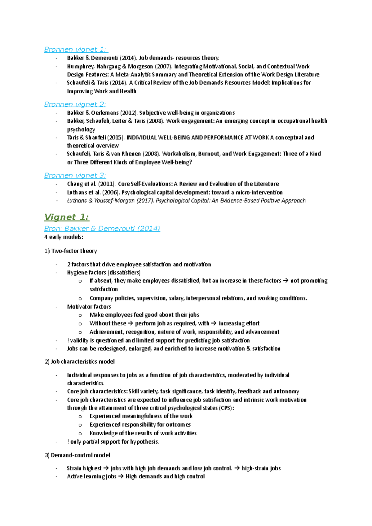 Week 2 Positive Work design - Bronnen vignet 1: Bakker & Demerouti ...