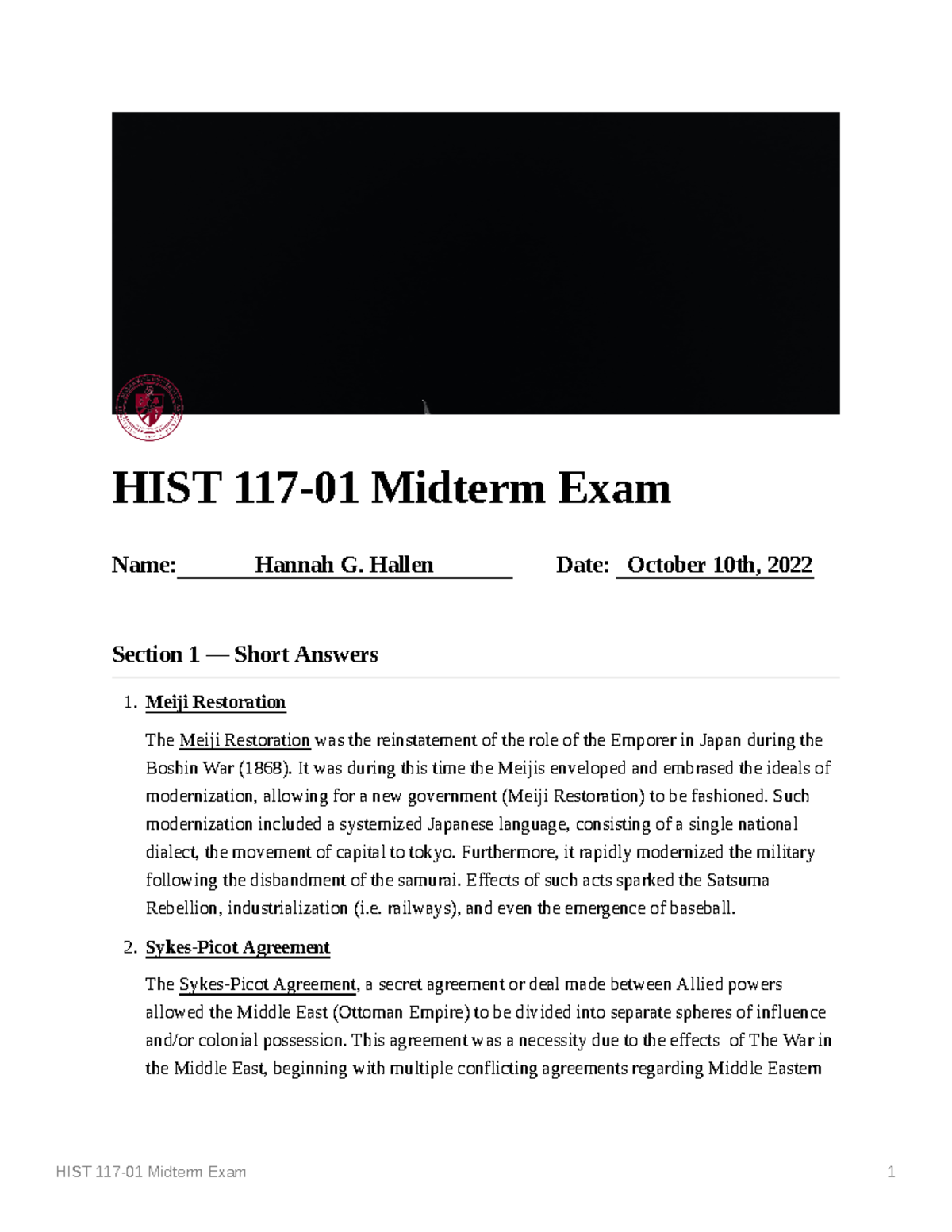 HIST 117-01 Midterm Exam Hannah Hallen - HIST 117-01 Midterm Exam Name: Hannah G. Hallen Date ...