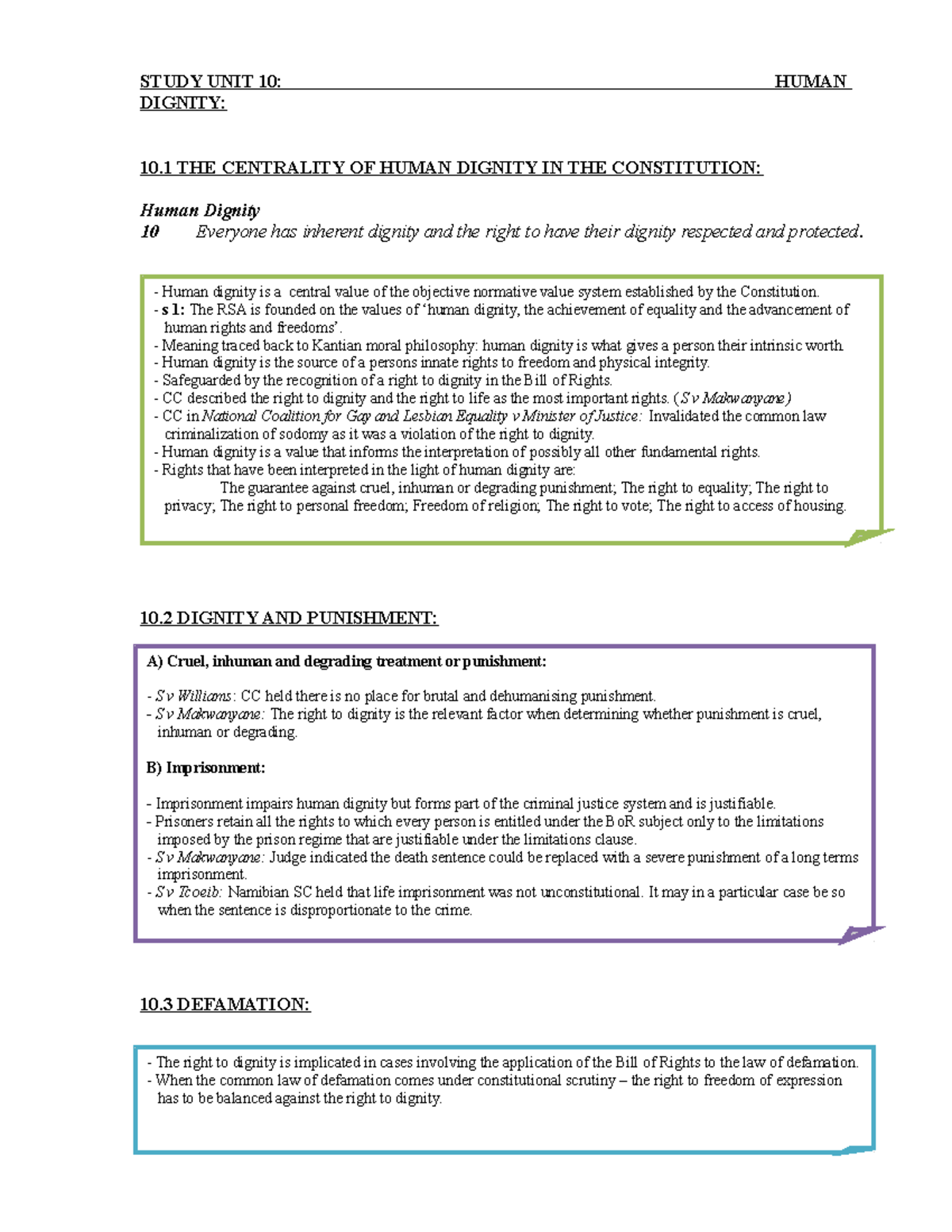 Human Dignity Bill of Rights - STUDY UNIT 10: HUMAN DIGNITY: 10 THE ...