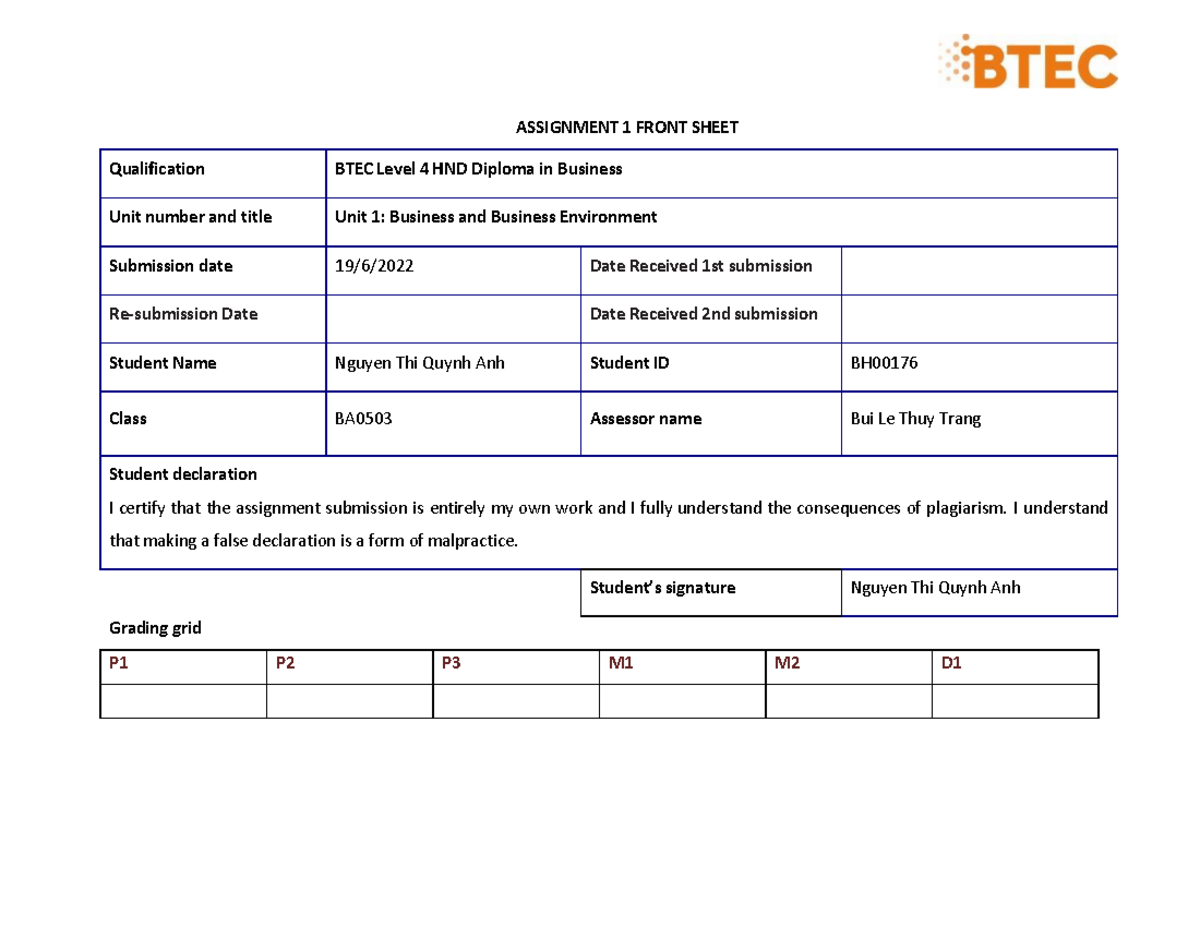 BBE ASM1 Nguyen Thi Quynh Anh - ASSIGNMENT 1 FRONT SHEET Qualification ...