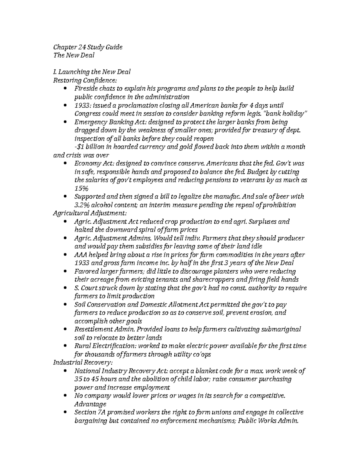 Chapter 24 study guide - Chapter 24 Study Guide The New Deal I ...