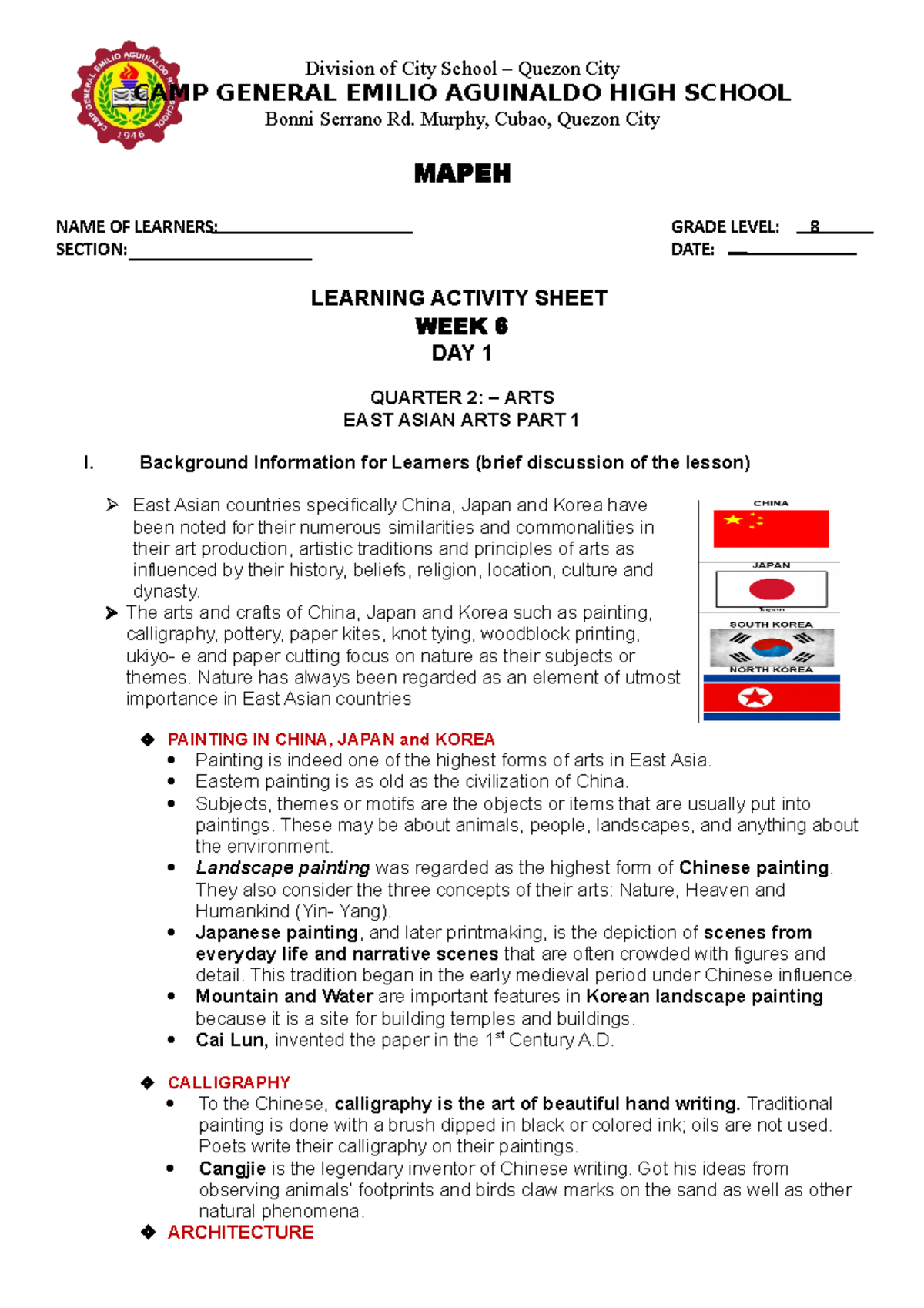 Q2 Mapeh 8- Module 6 - ####### Division of City School – Quezon City CAMP GENERAL EMILIO ...