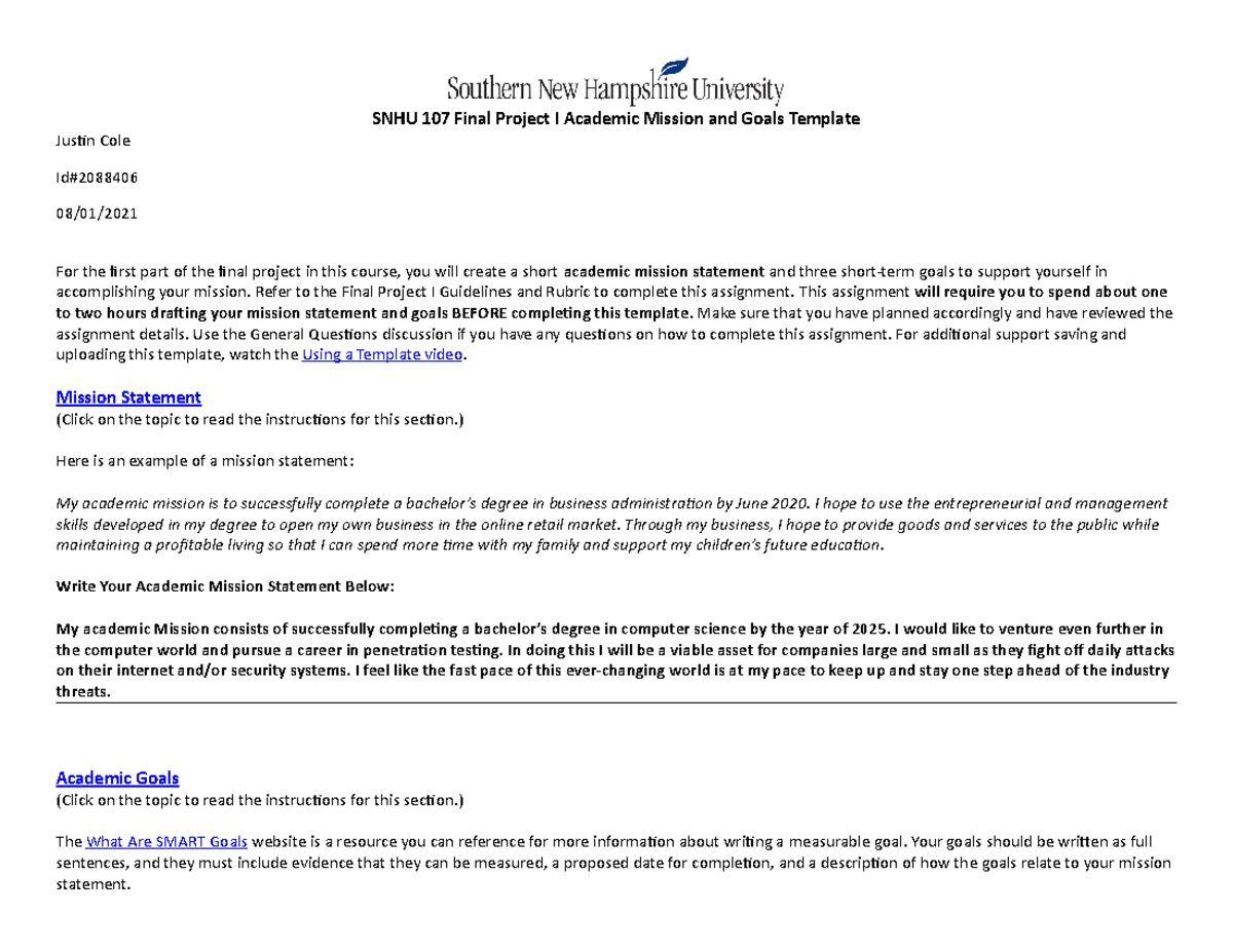 Mission Statement And Smart Goals SNHU 107 Final Project I Academic mission-statement-and-smart-goals-snhu-107-final-project-i-academic