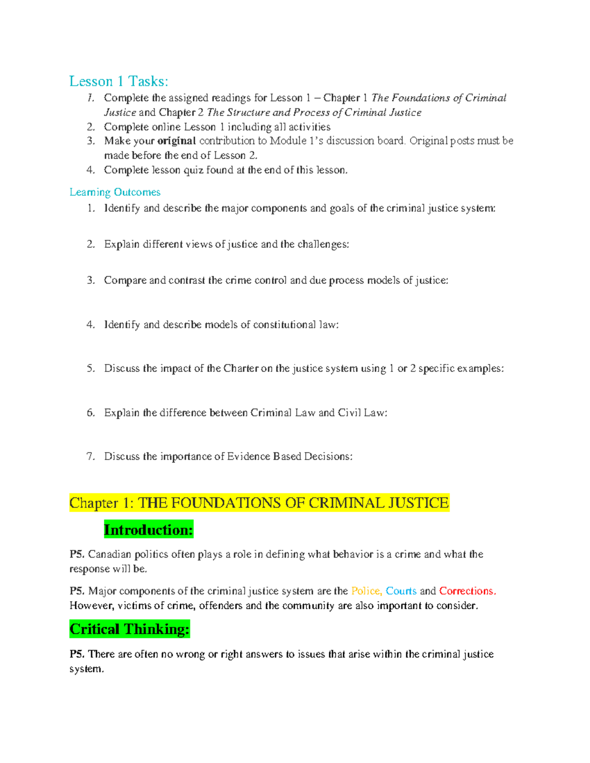Criminal Justice System Lessons - Lesson 1 Tasks: Complete the assigned ...