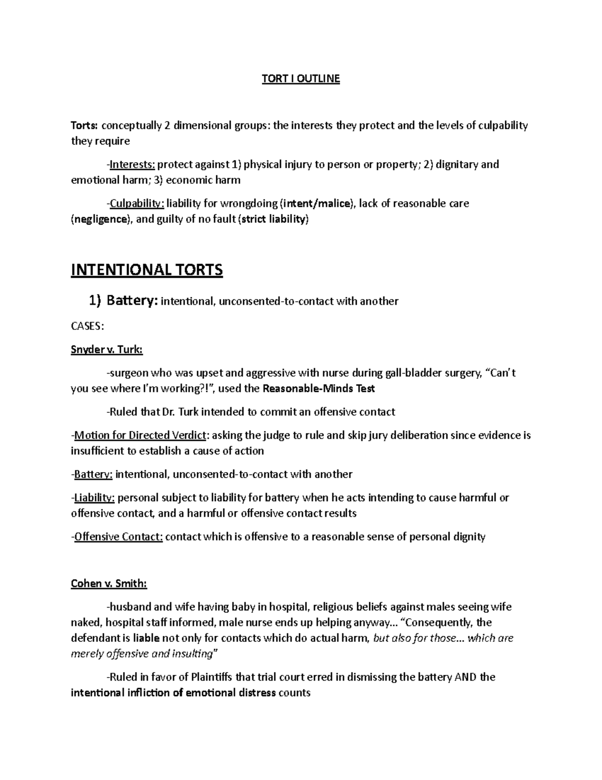 TORT I Outline - TORT I OUTLINE Torts: conceptually 2 dimensional ...