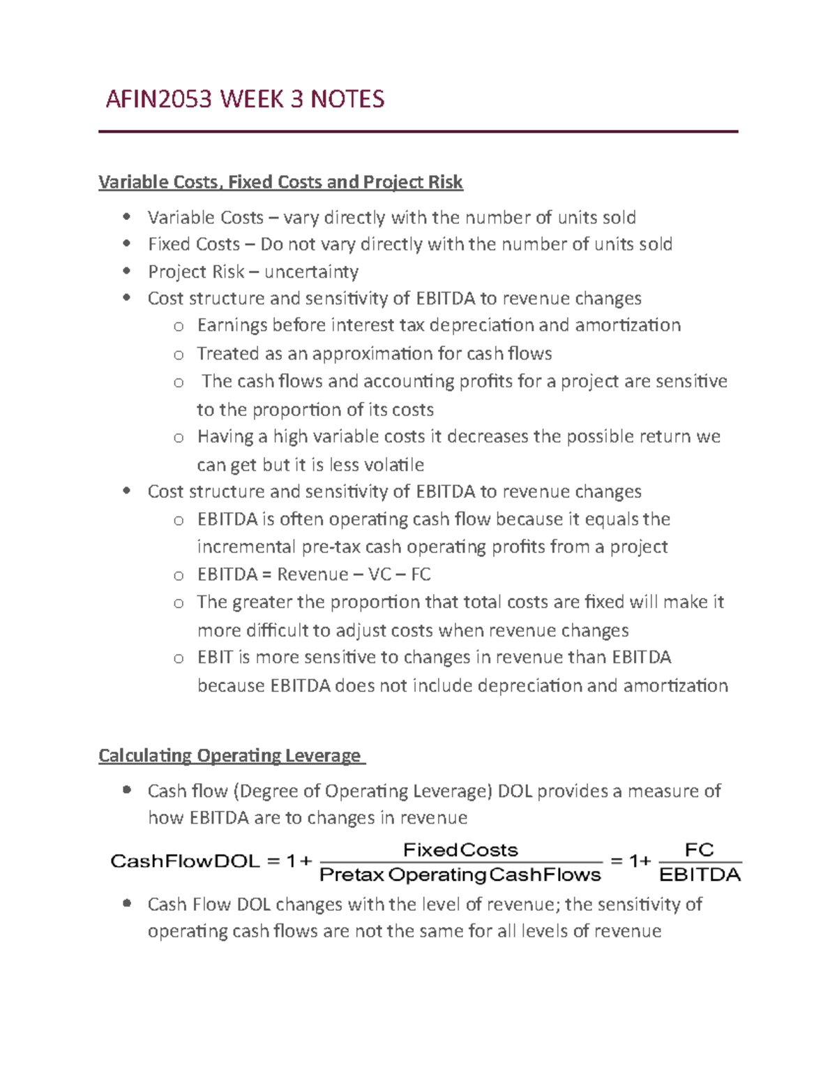 AFIN2053 WEEK 3 Notes - AFIN2053 WEEK 3 NOTES Variable Costs, Fixed ...